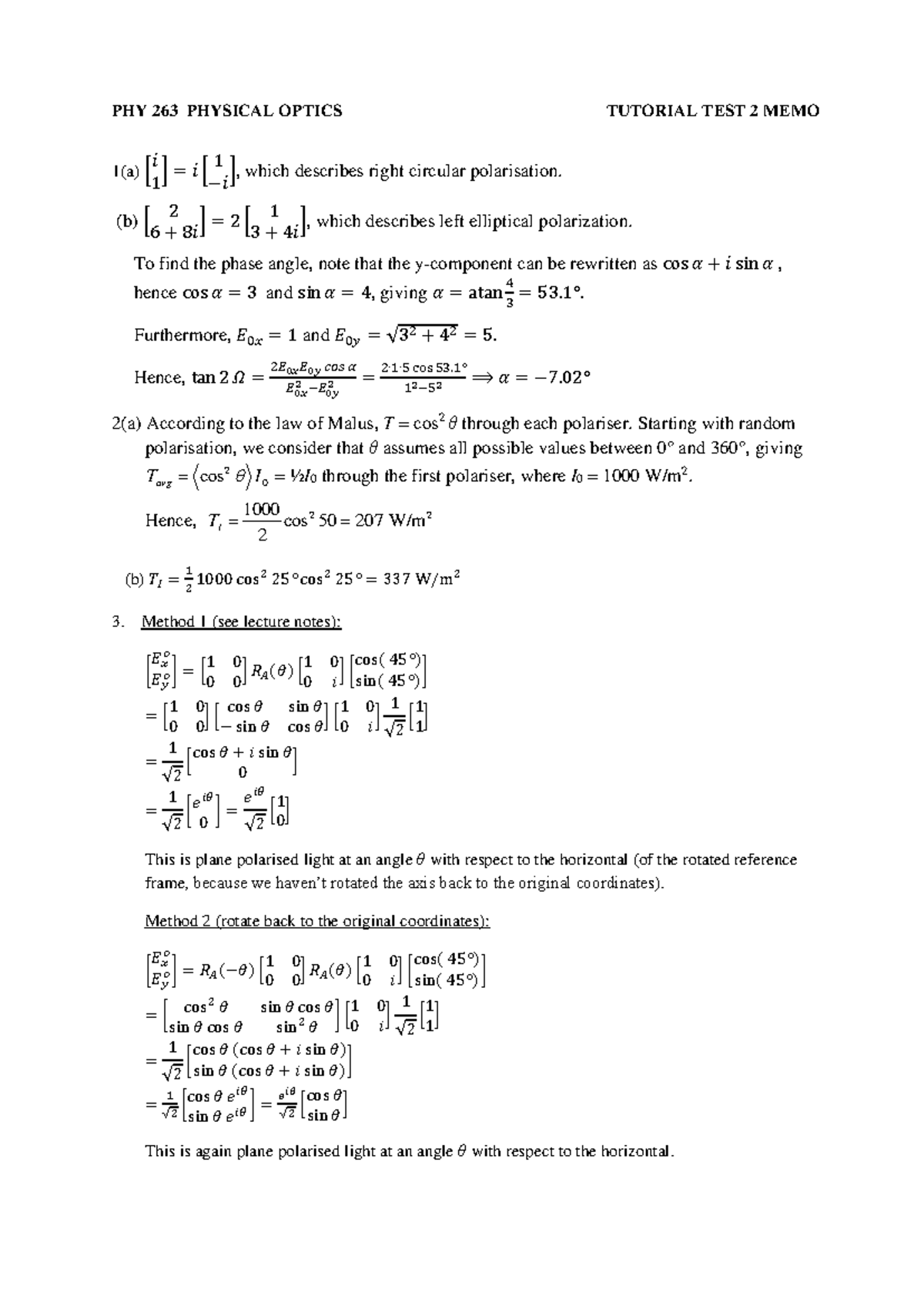 Tut test 2 memo - Answers to tutorial test for Optics - PHY 263 ...
