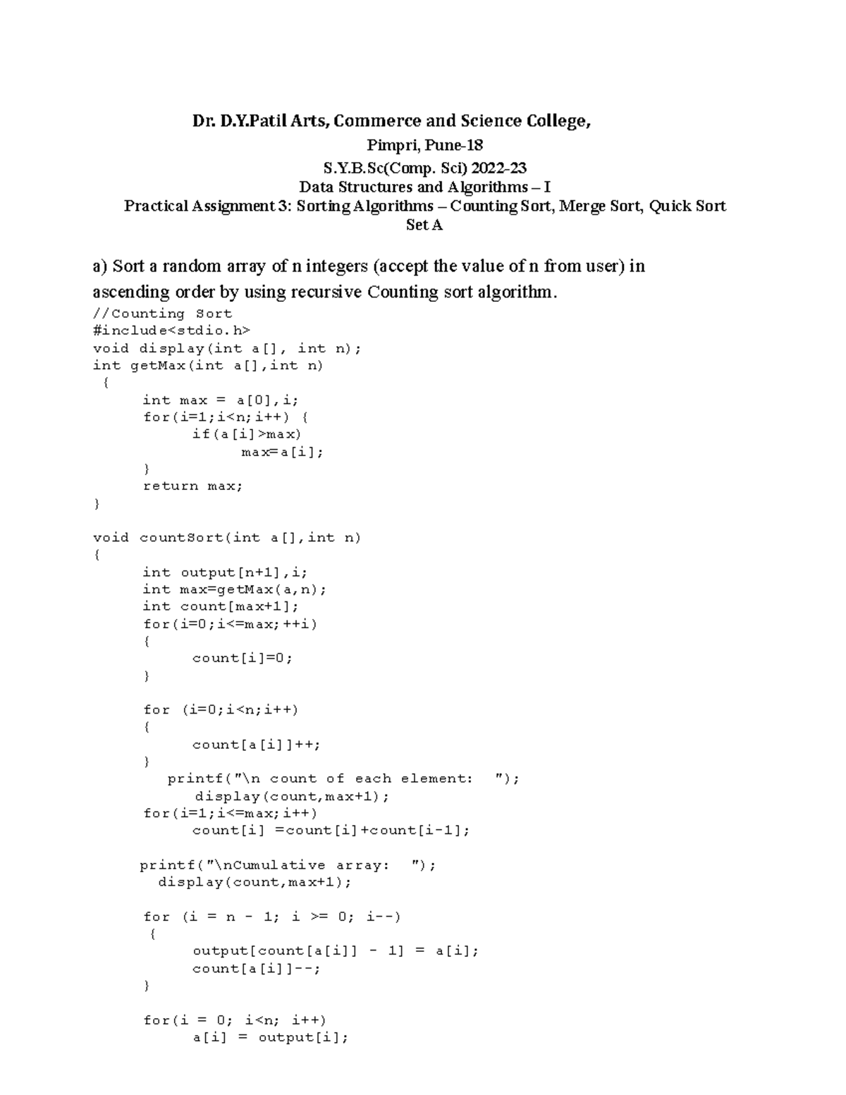Assignment 3 Sorting - Dr. D.Y Arts, Commerce and Science College, Pimpri, Pune- S.Y.B(Comp. Sci ...