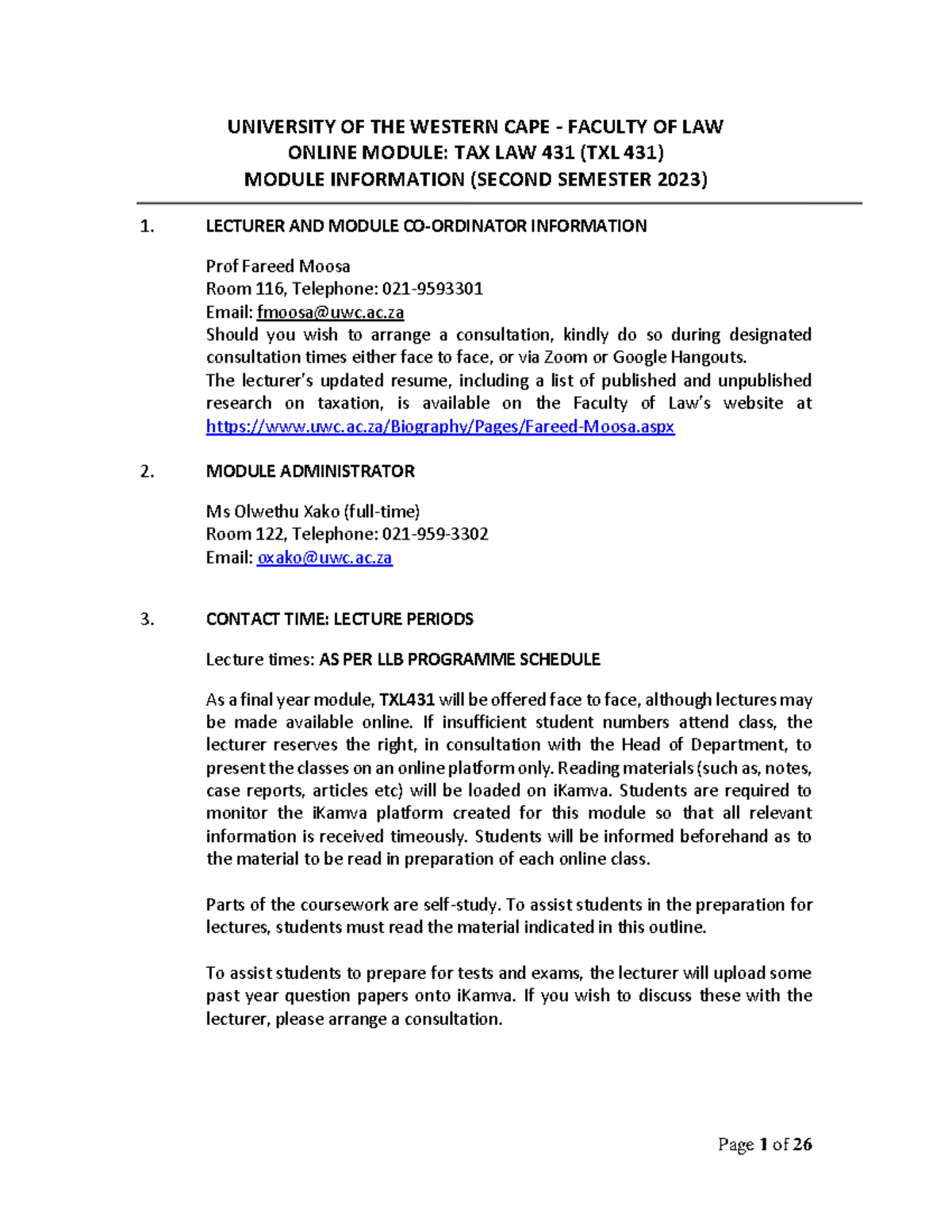 2023. T=law of tax 431 Course Outline 2023-1 - UNIVERSITY OF THE ...