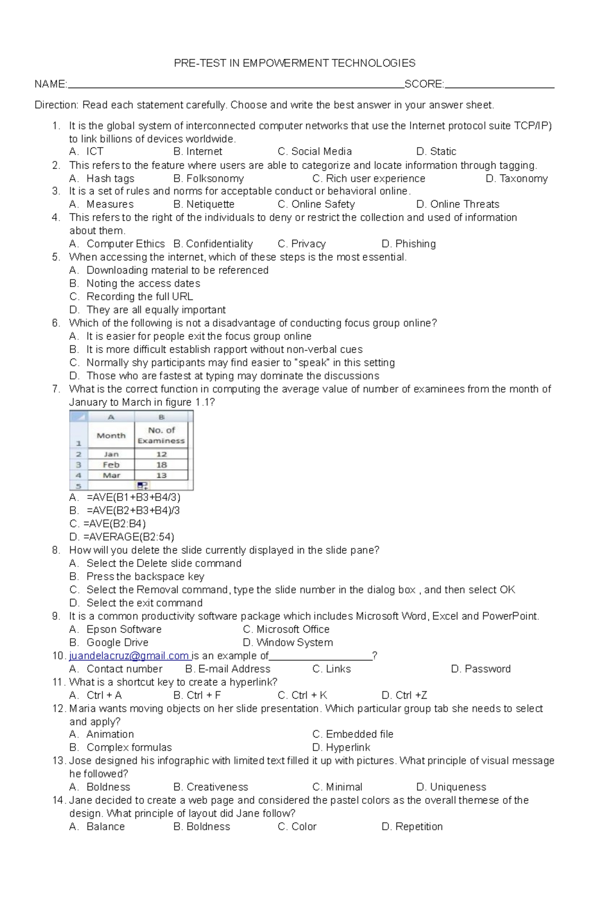 PRE TEST Empowerment Technologies Pre Test - PRE-TEST IN EMPOWERMENT ...