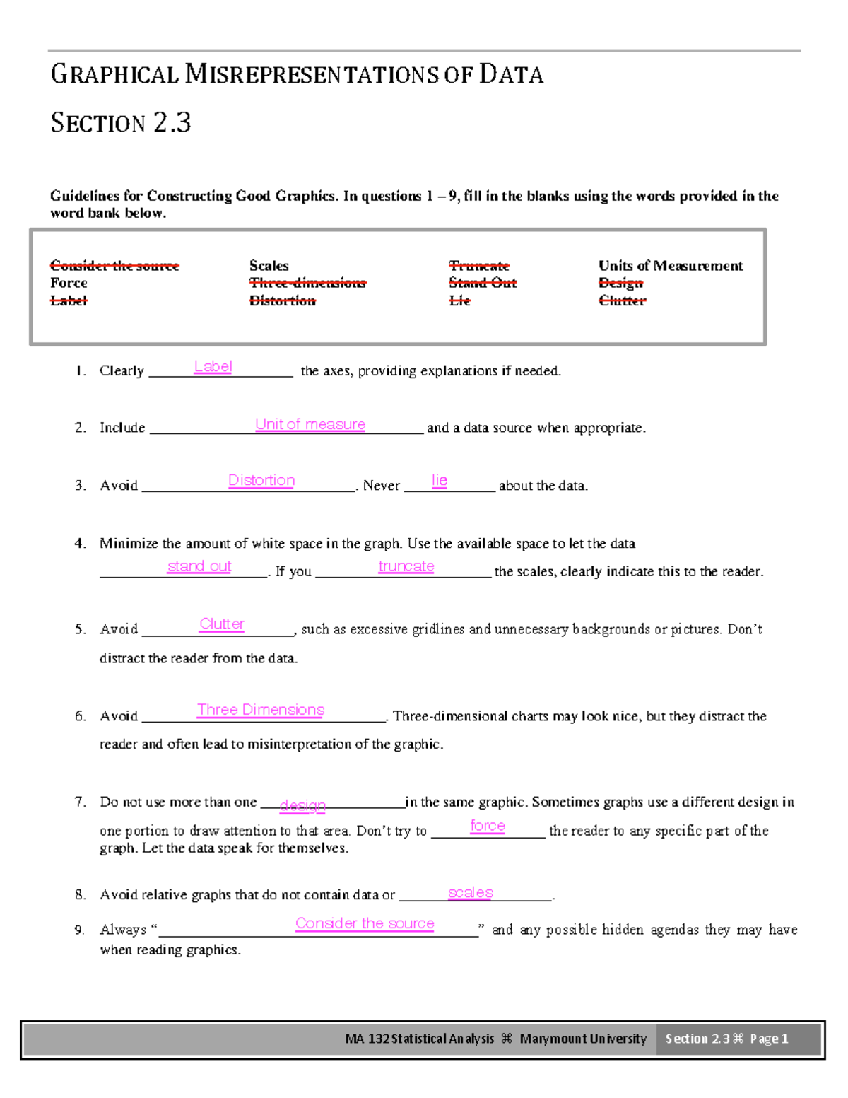 Statistics handout 2.3 - MA 132 Statistical Analysis Marymount ...