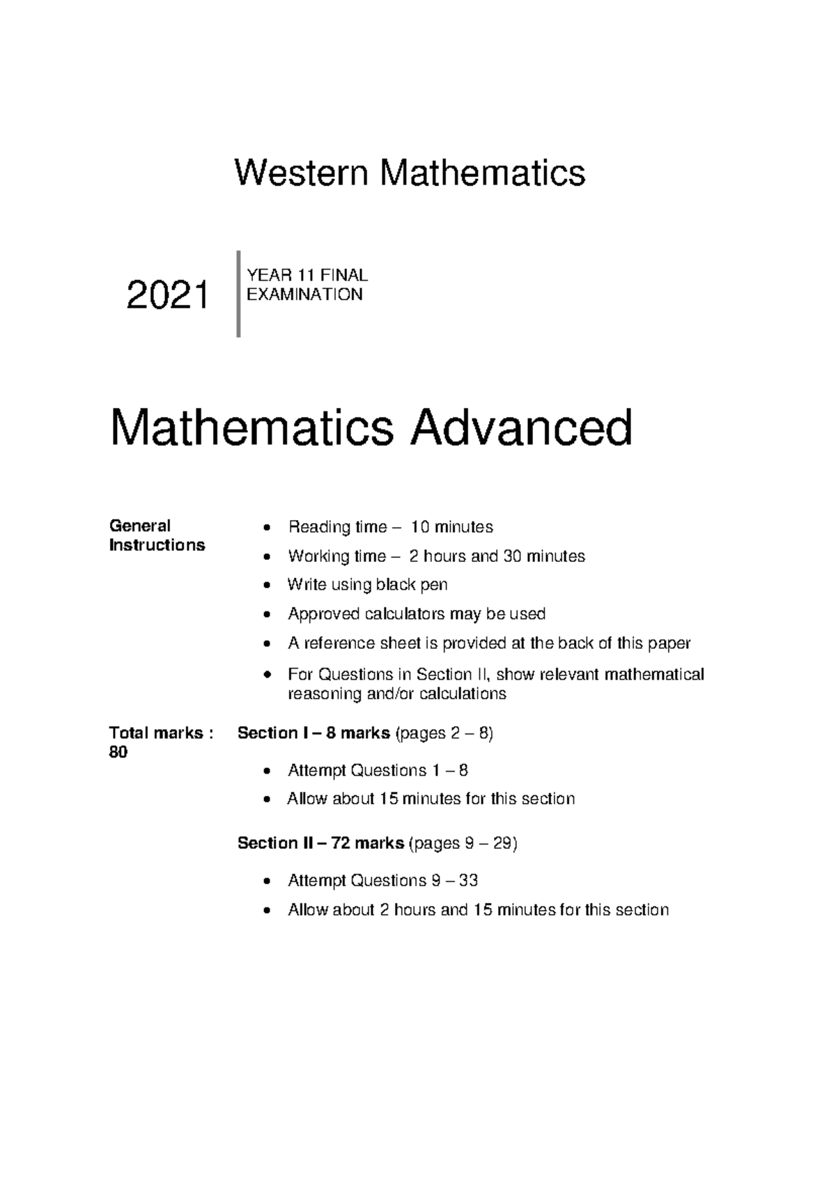 V CWiu Vg A - hello - Western Mathematics 2021 YEAR 11 FINAL ...