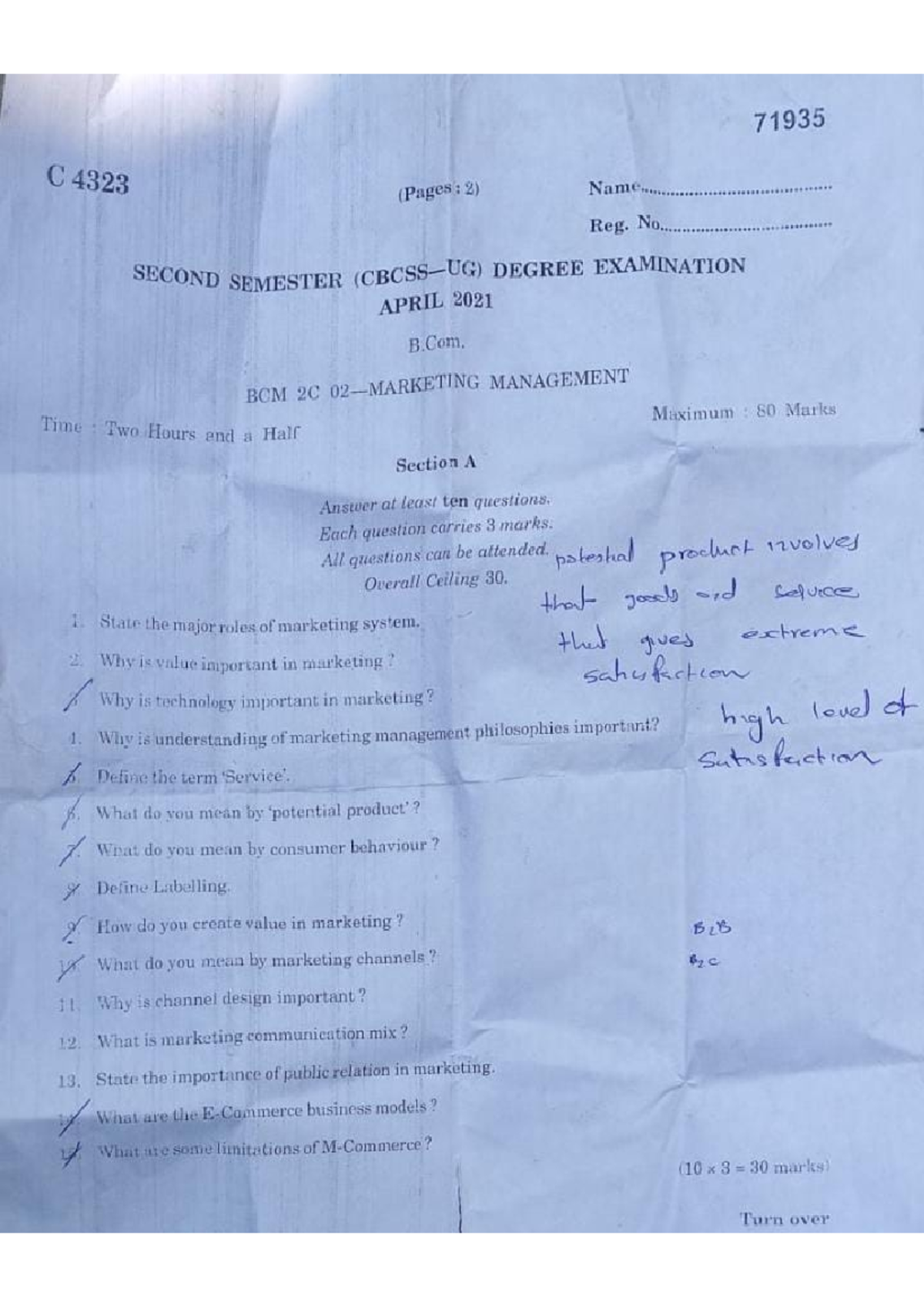 Marketing Management PY Question Paper - Ba /BBA/BCom calicut ...