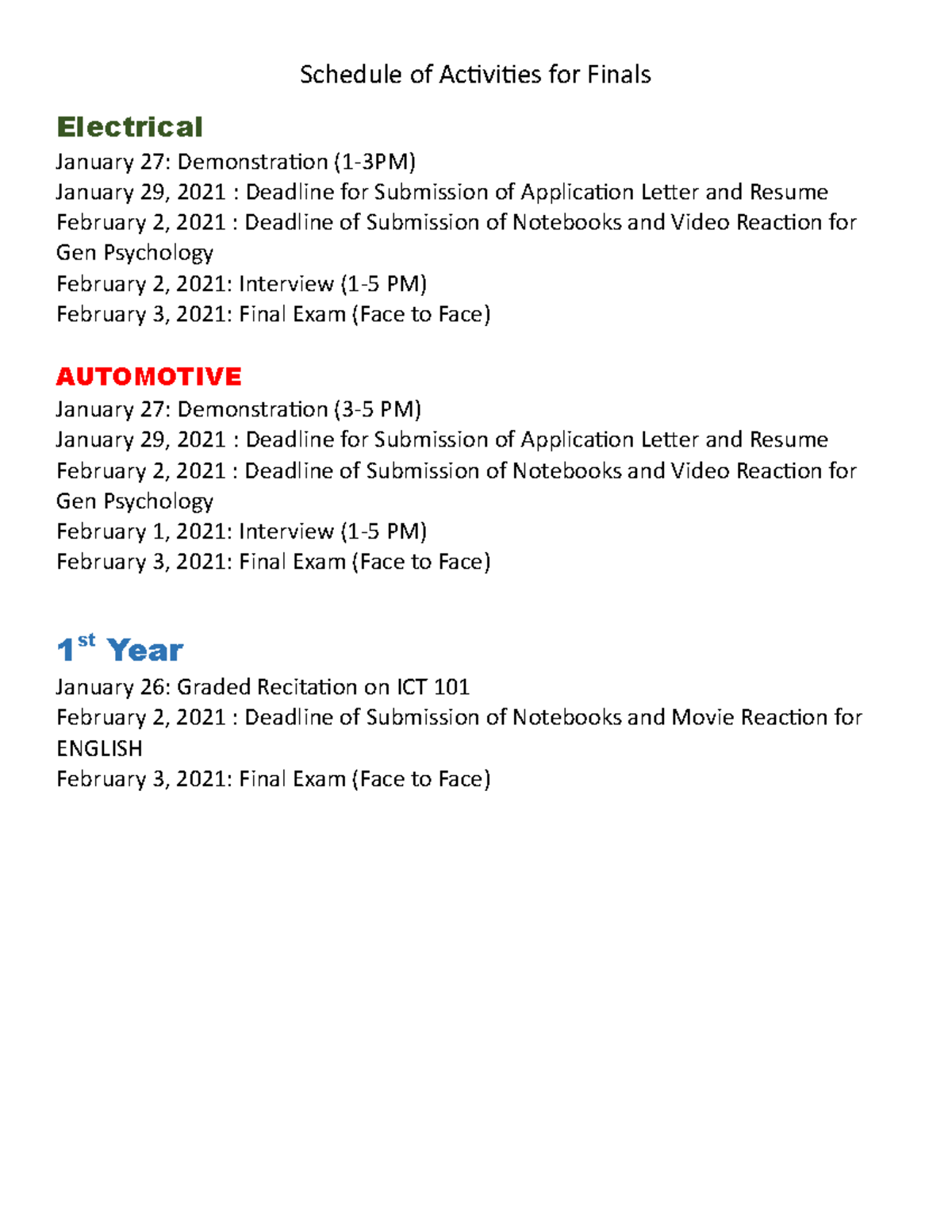 Schedule Of Activities For Finals Schedule Of Activities For Finals