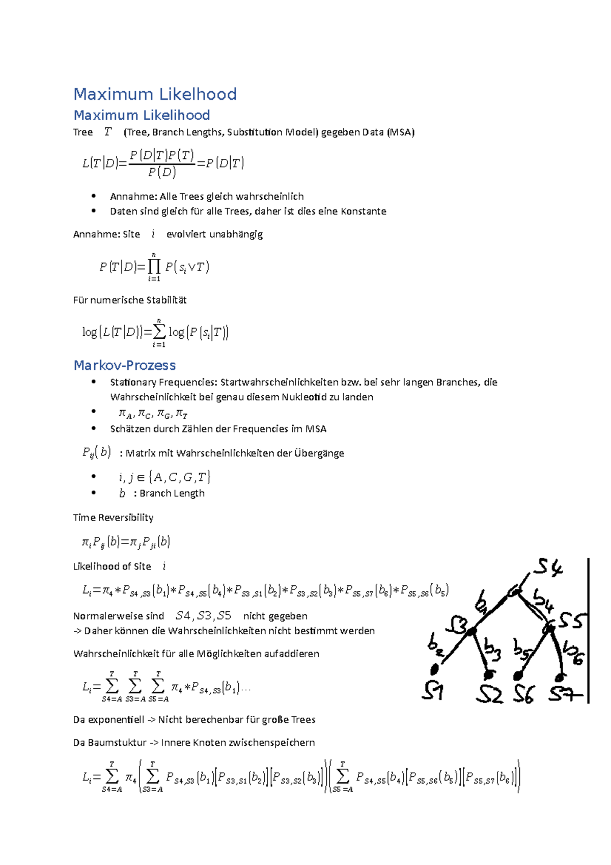 Vorlesungsnotizen 8 - Maximum Likelihood - Maximum Likelhood Maximum Likelihood Tree T (Tree ...