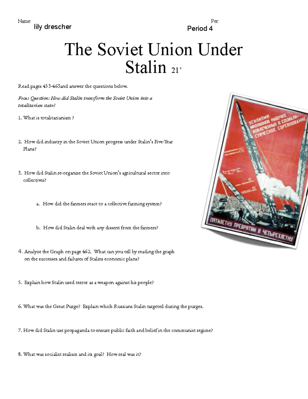 Soviet Union Under Stalin - Name: Per: Read pages 453-463and answer the ...