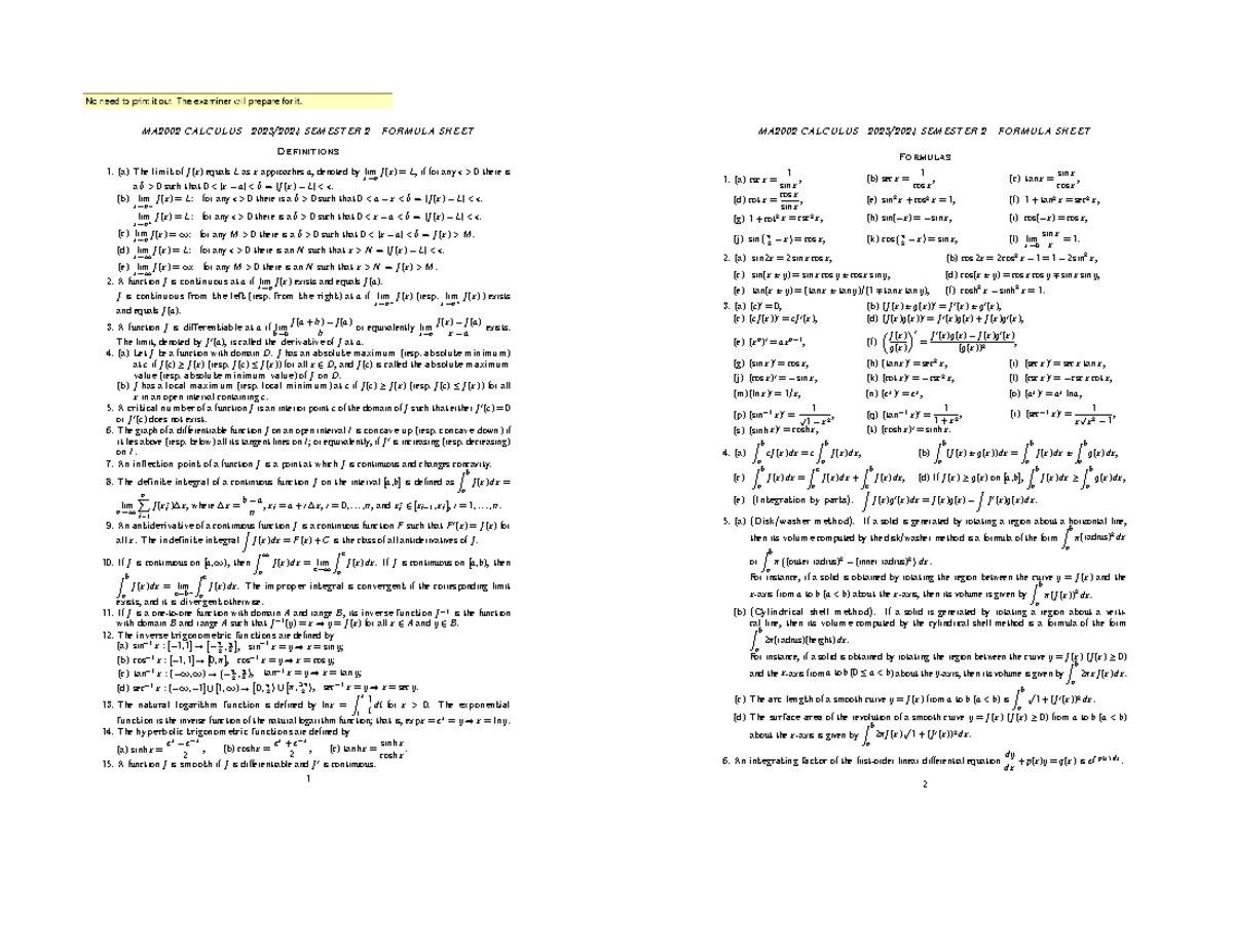 MA2002 Formula Sheet (Exam) - MA2002 CALCULUS 2023/2024 SEMESTER 2 FORMULA SHEET Definitions (a ...