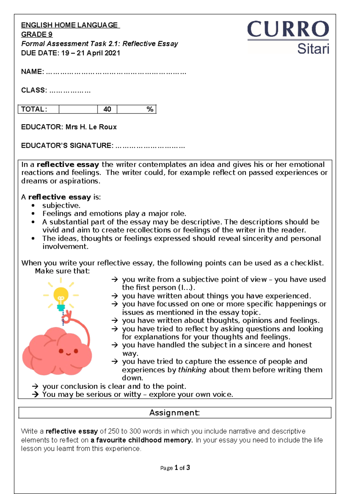 9 FAT 2.1 Reflective Essay - ENGLISH HOME LANGUAGE GRADE 9 Formal Assessment Task 2: Reflective ...