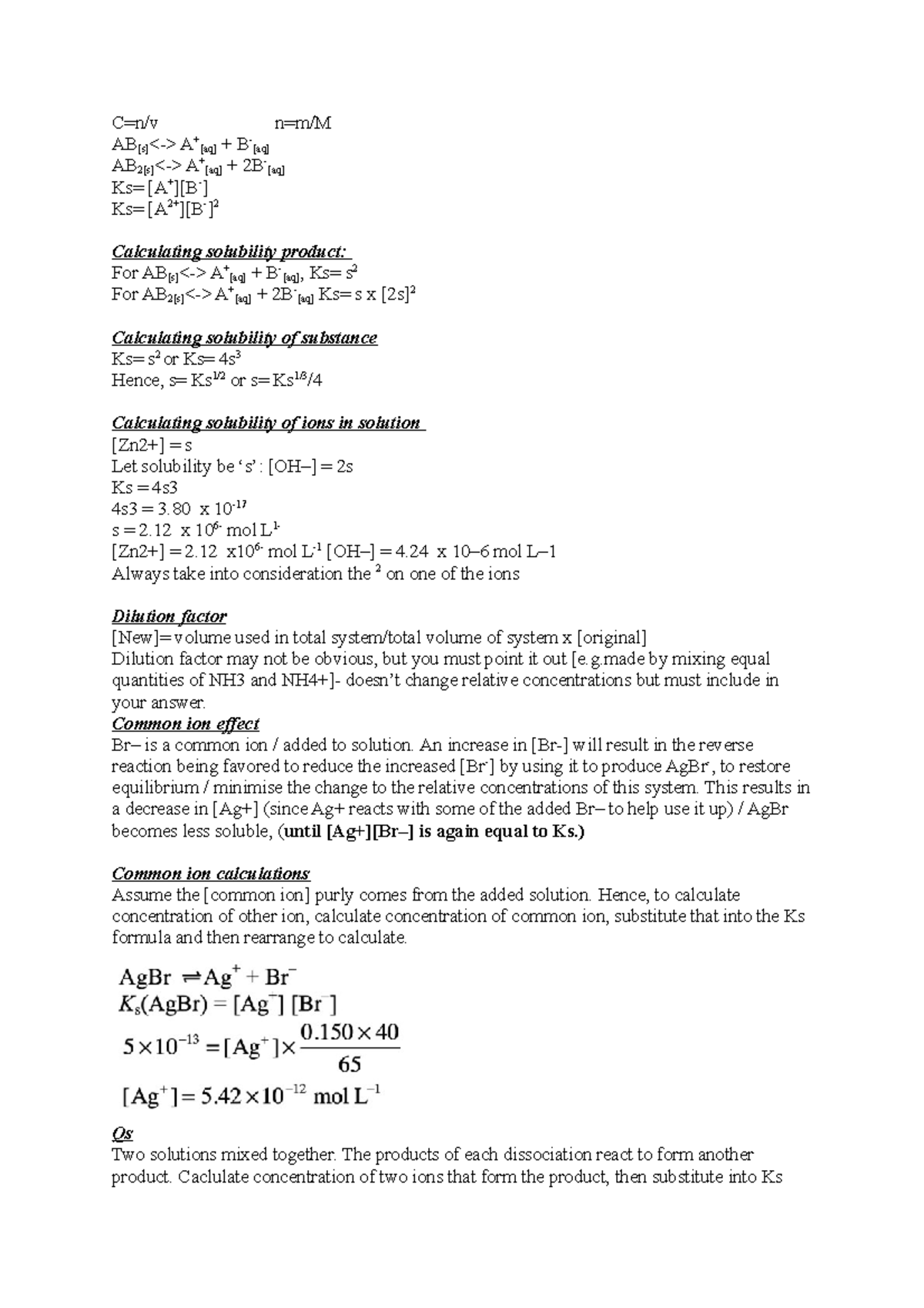 Aqueous - NOtes - C=n/v n=m/M AB[s] A+[aq] + B-[aq] AB2[s] A+[aq] + 2B ...