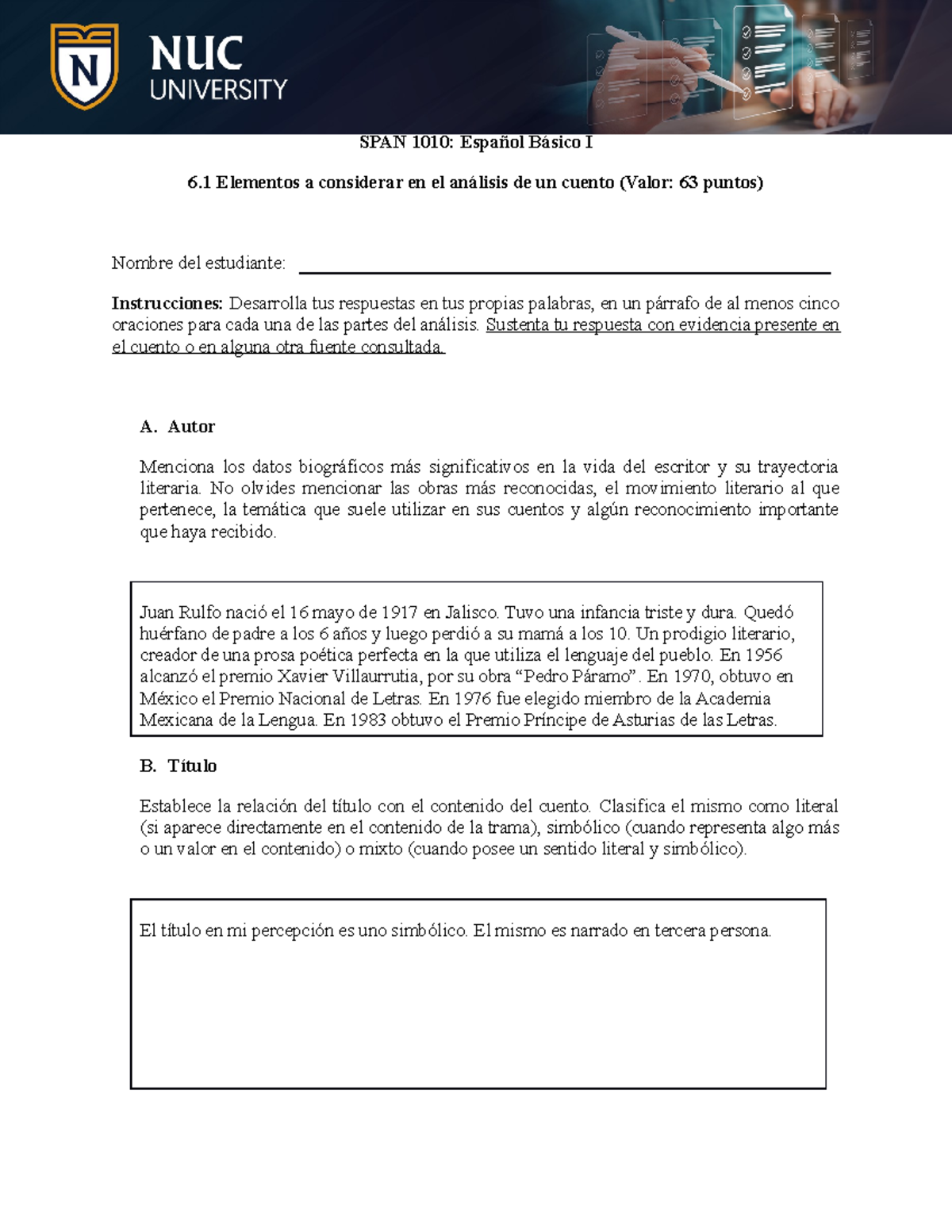 M6 Anejo Tarea 6-1 - VDVV - SPAN 1010: Español Básico I 6 Elementos a ...