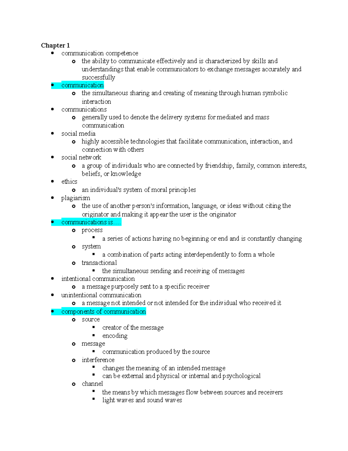 Communications Test 1 - Chapter 1 communication competence o the ...