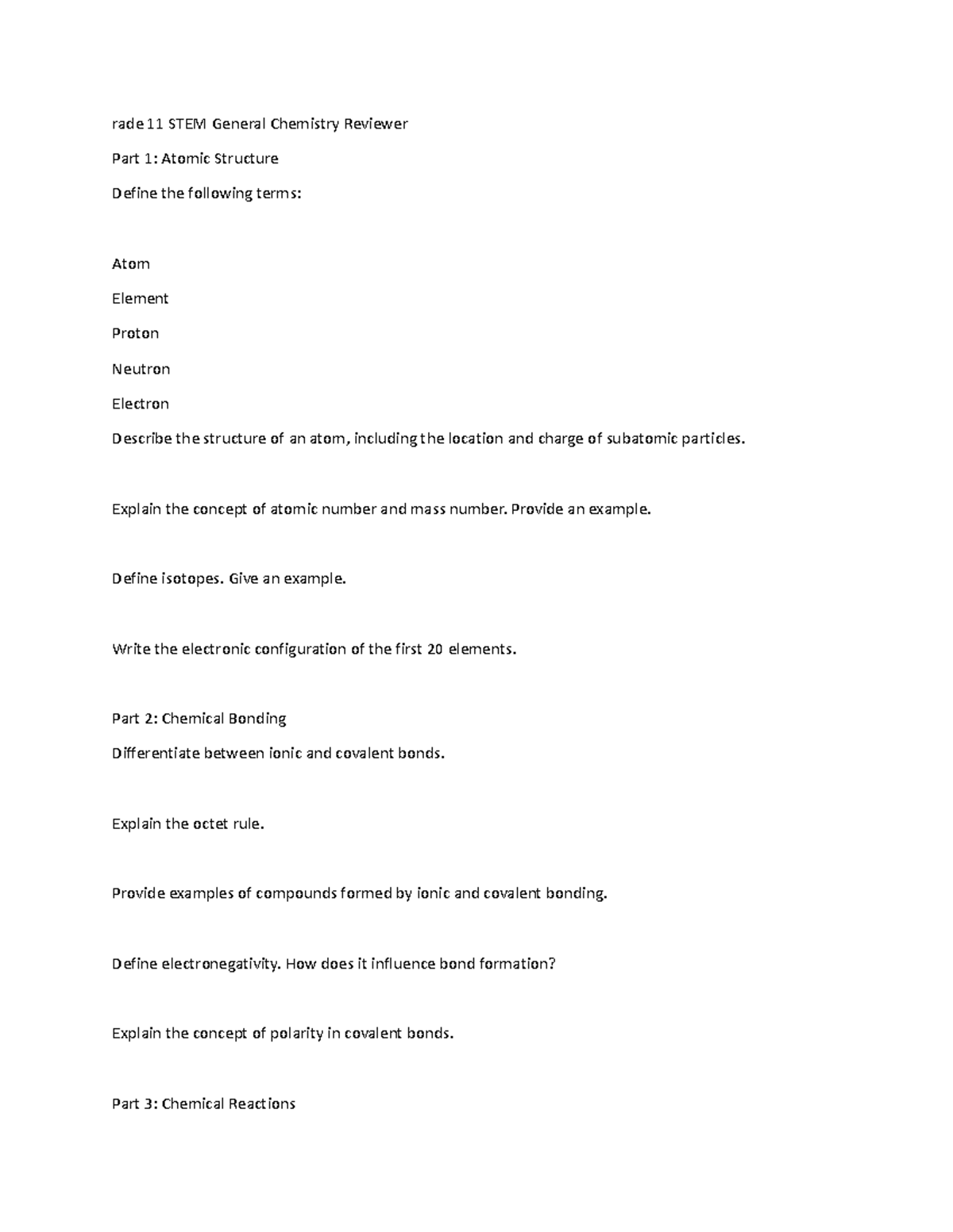 Rade 11 STEM General Chemistry Reviewer - rade 11 STEM General ...