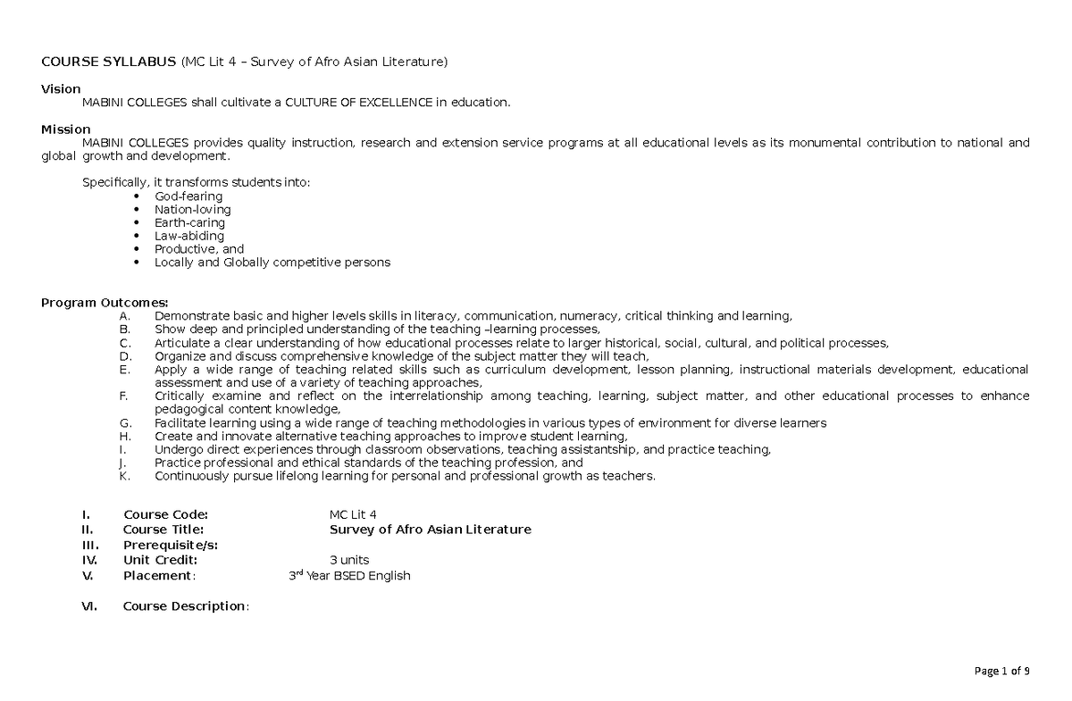 Afro Asian Literature - COURSE SYLLABUS (MC Lit 4 – Survey of Afro ...