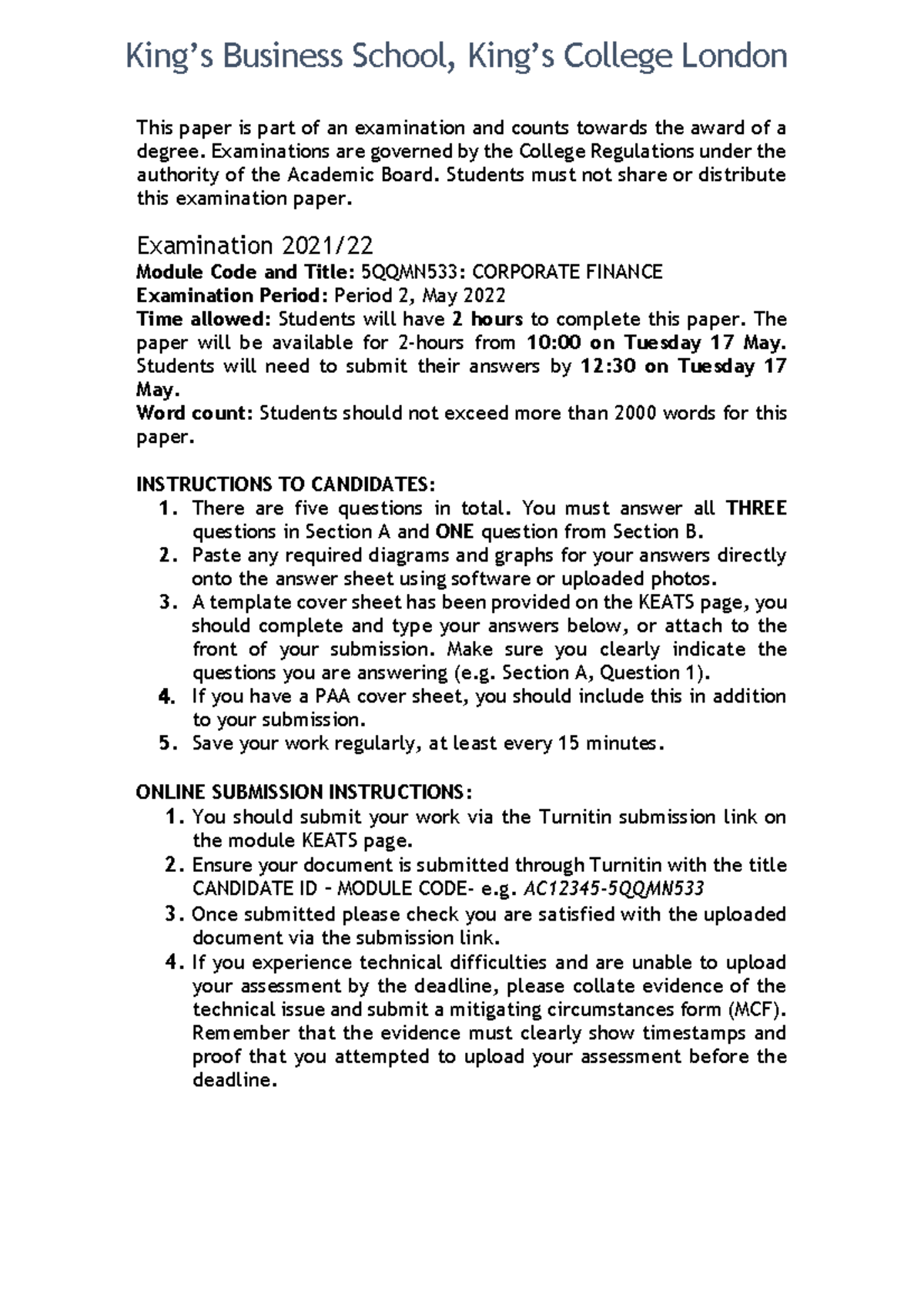 5QQMN533 Exam 2021-22 - Past Paper - King’s Business School, King’s ...