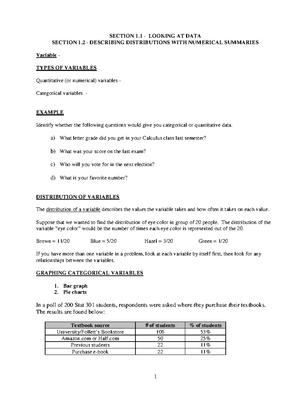 Looking AT DATA - notes - SECTION 1 LOOKING AT DATA SECTION 1 ...