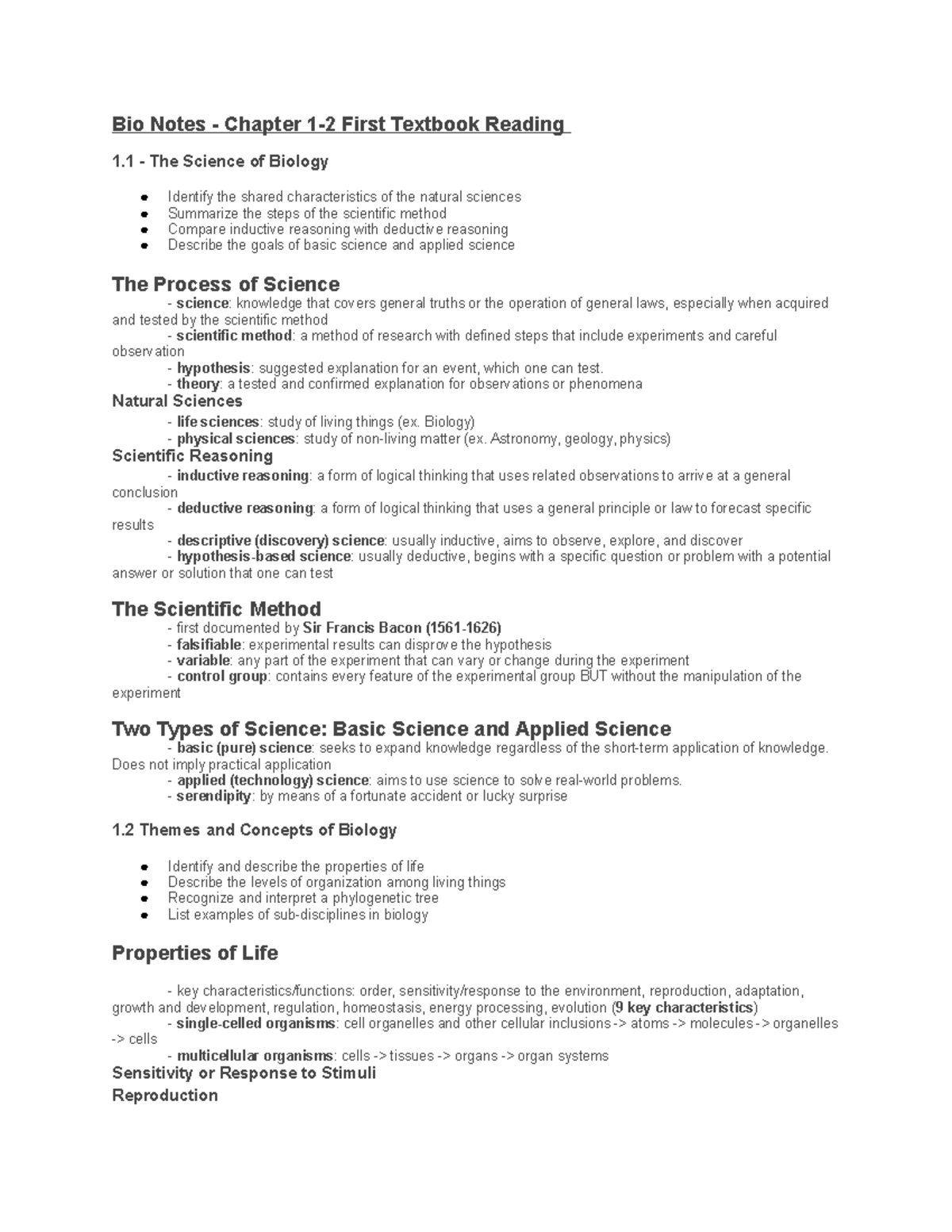 Chapters 1,2,3 Textbook Notes - Bio Notes - Chapter 1-2 First Textbook ...