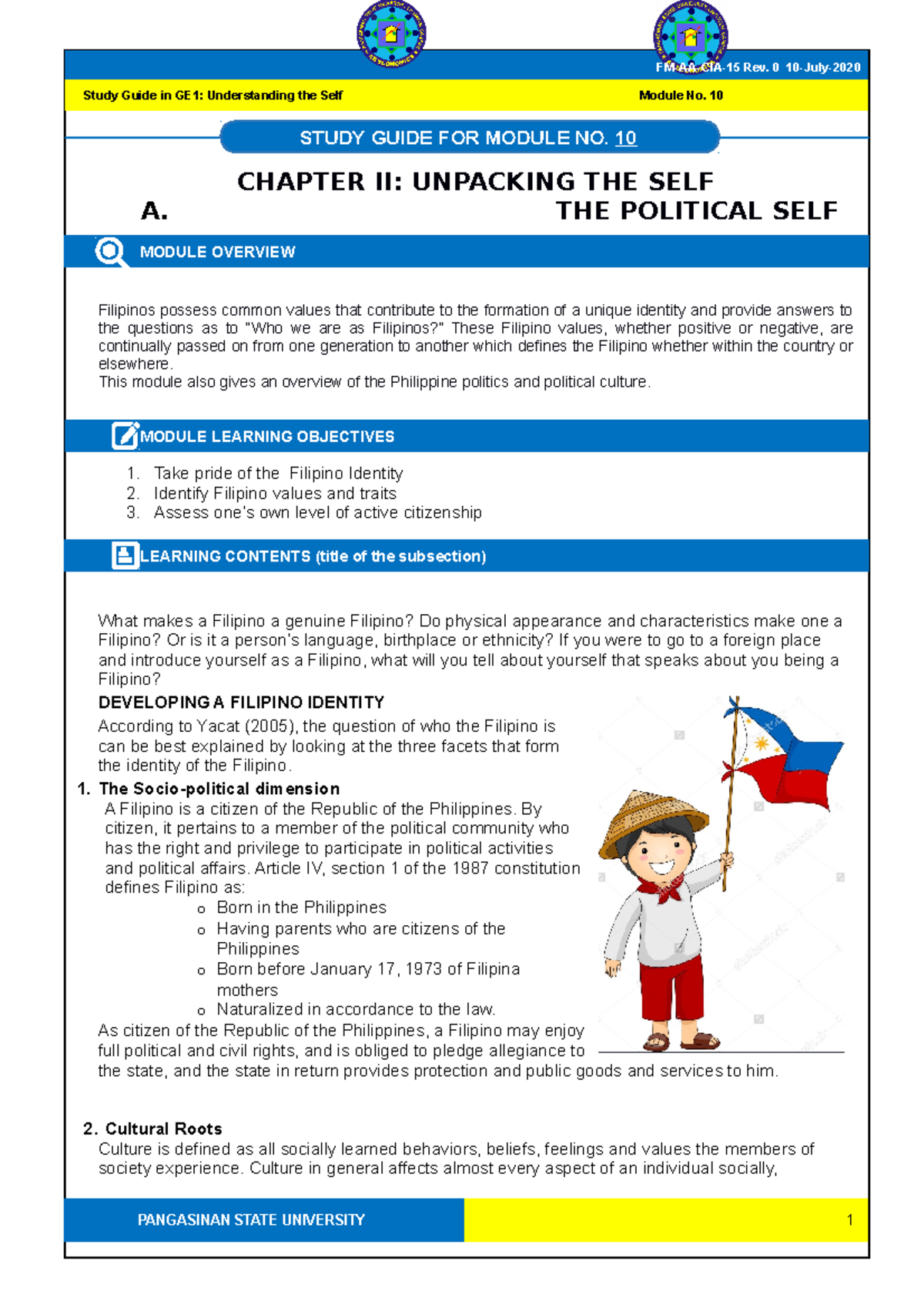 GE1 Module 10 - Political Self - Understanding the Self - PangSU - Studocu