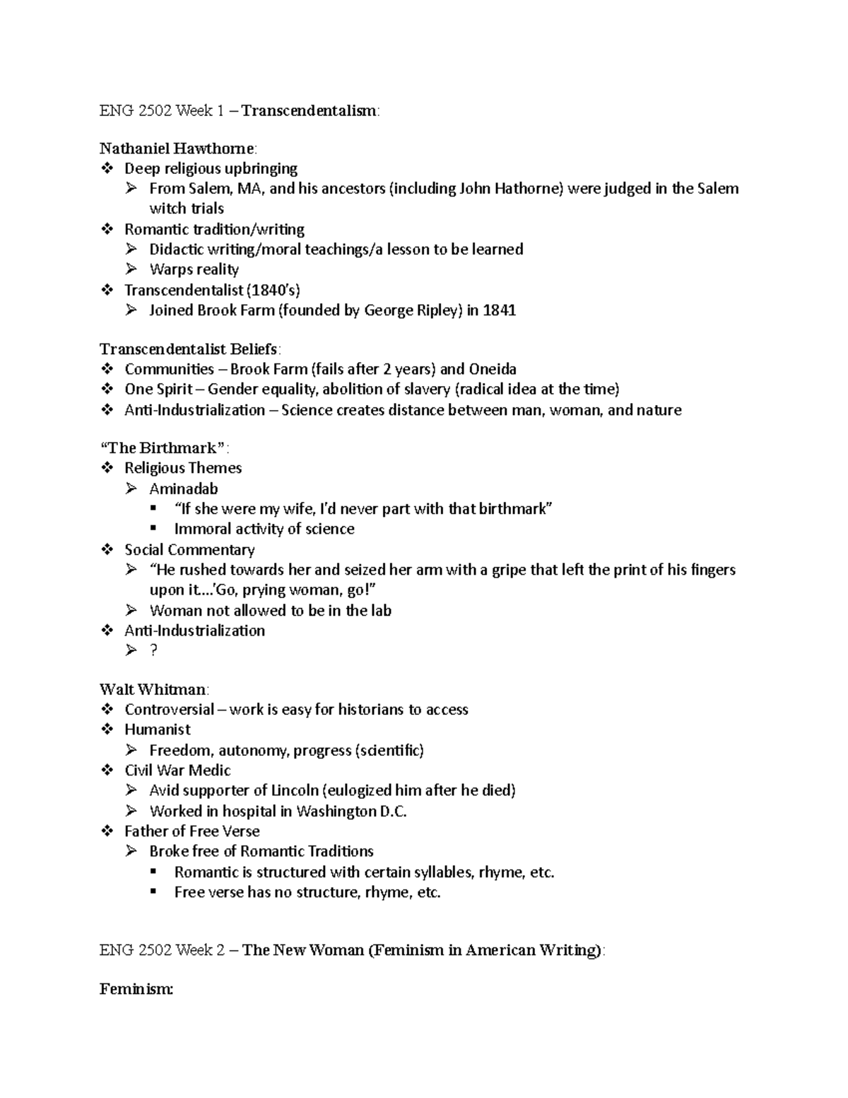 ENG 2502 Summer I Notes - ENG 2502 Week 1 – Transcendentalism ...