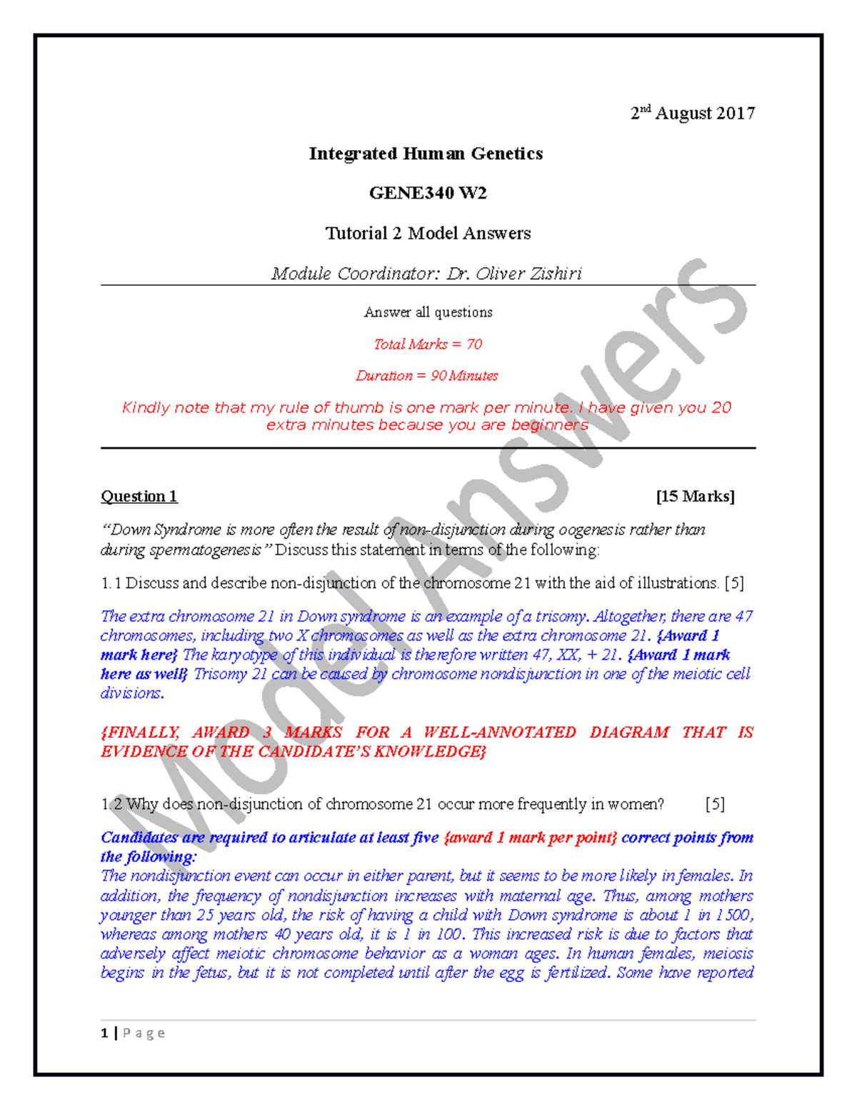 GENE340 TUT 2 MEMO 2017 - tut - 2 nd August 2017 Integrated Human Genetics GENE340 W Tutorial 2 ...