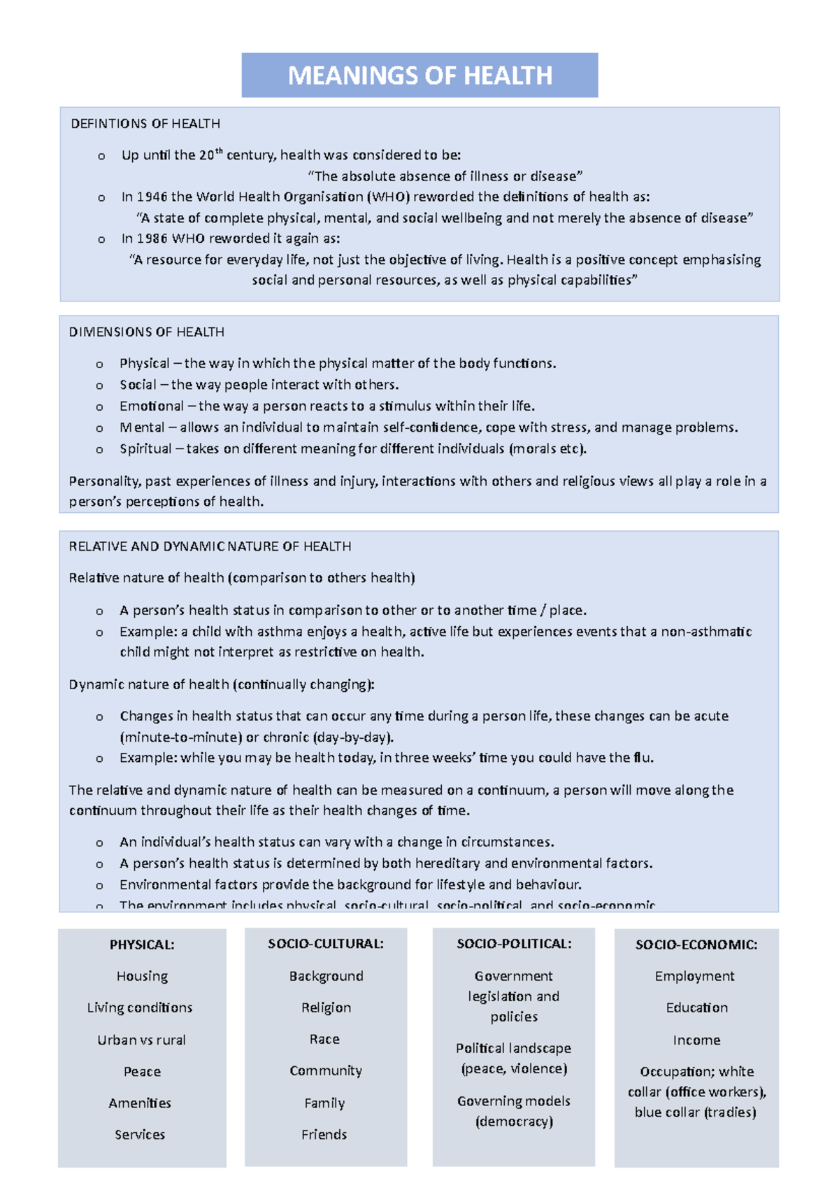 Meanings of health summary - DEFINTIONS OF HEALTH o Up until the 20th ...