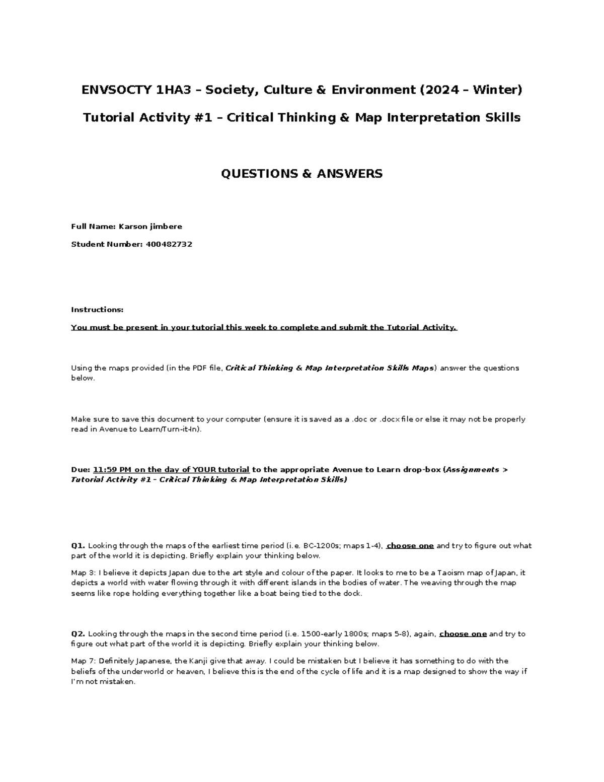 Envsoc tut 1 - ENVSOCTY 1HA3 – Society, Culture & Environment (2024 ...