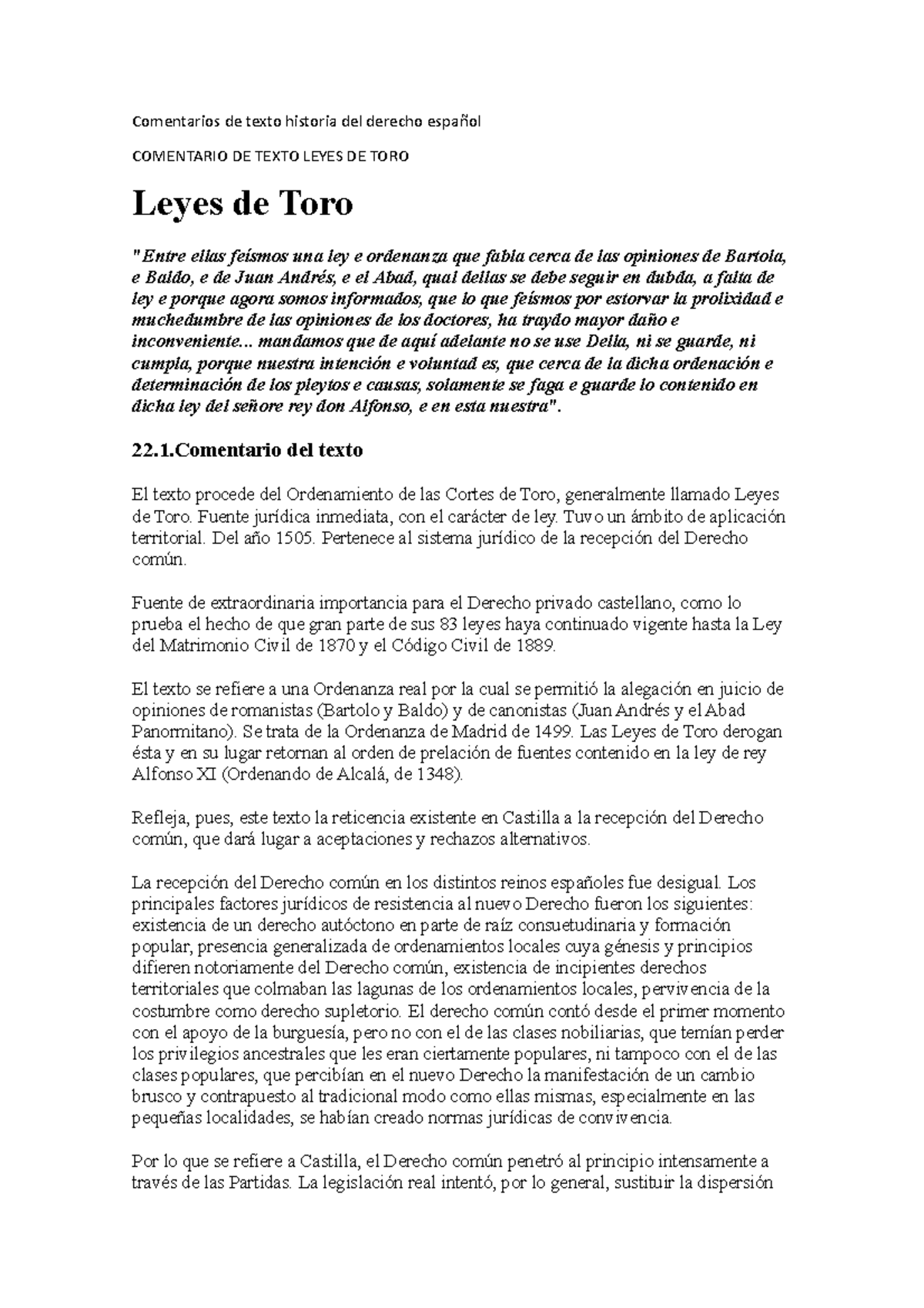 Comentario de texto leyes de toro - Comentarios de texto historia del derecho español COMENTARIO ...