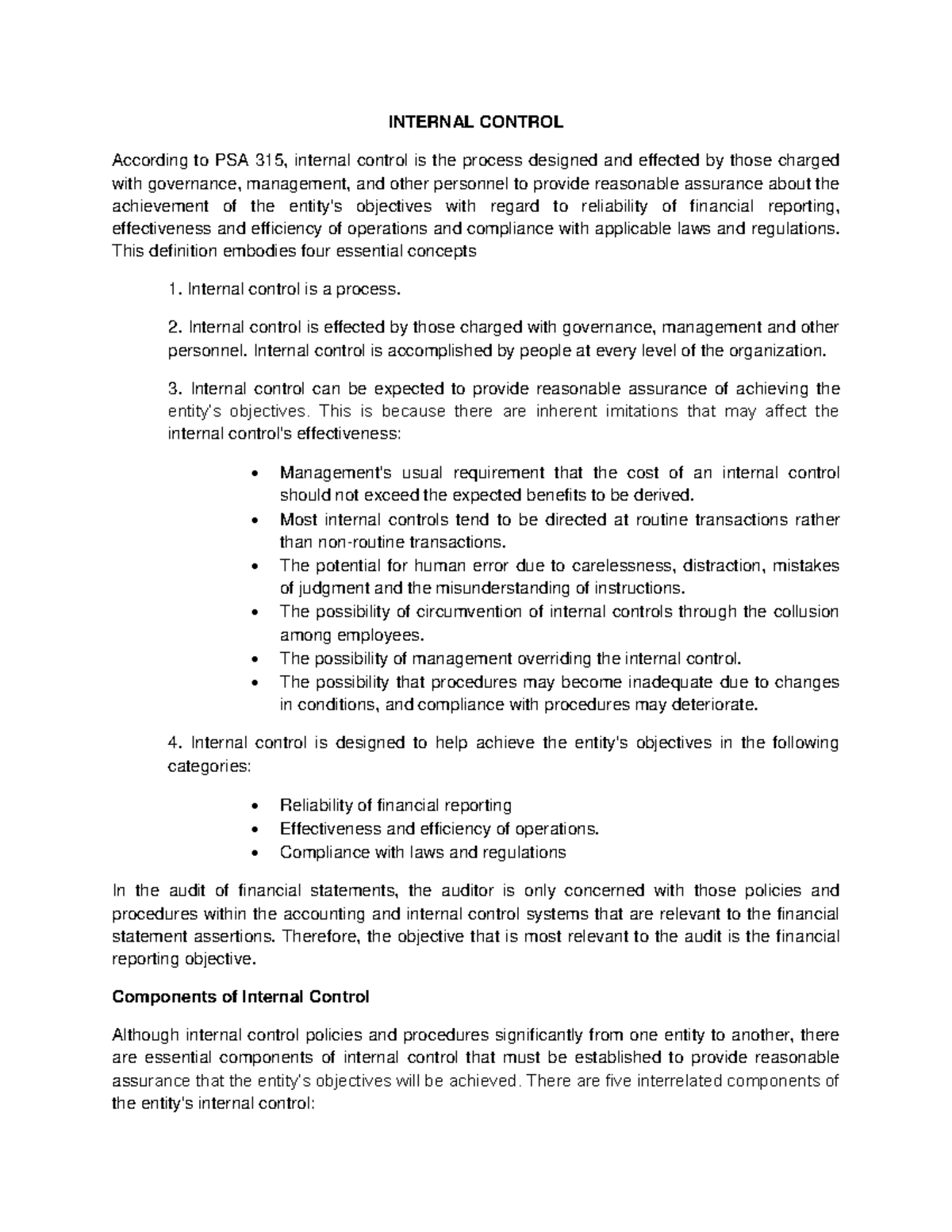 Internal Control - Notes - INTERNAL CONTROL According to PSA 315 ...