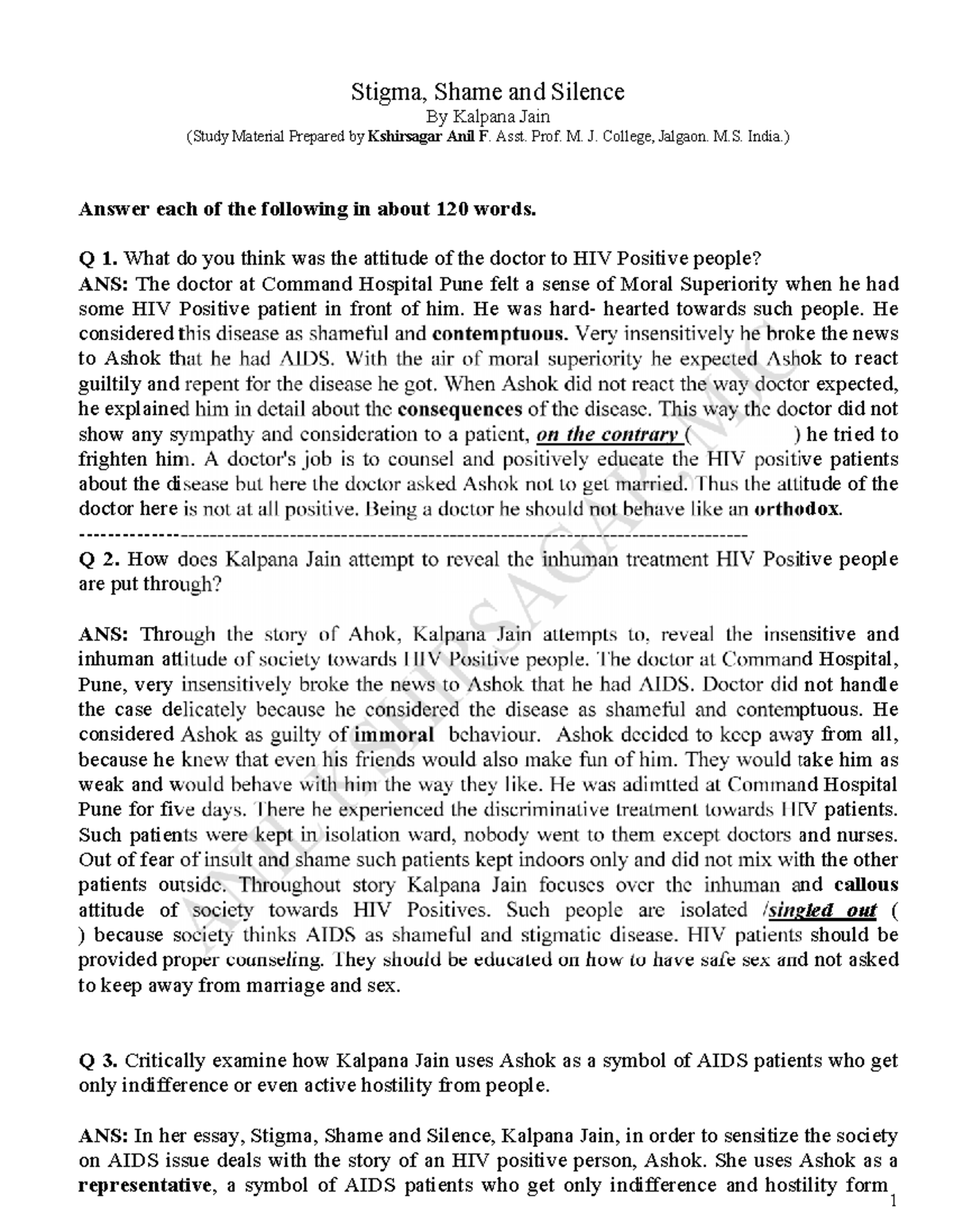 Stigma, shame and silence Questions - 1 Stigma, Shame and Silence By ...