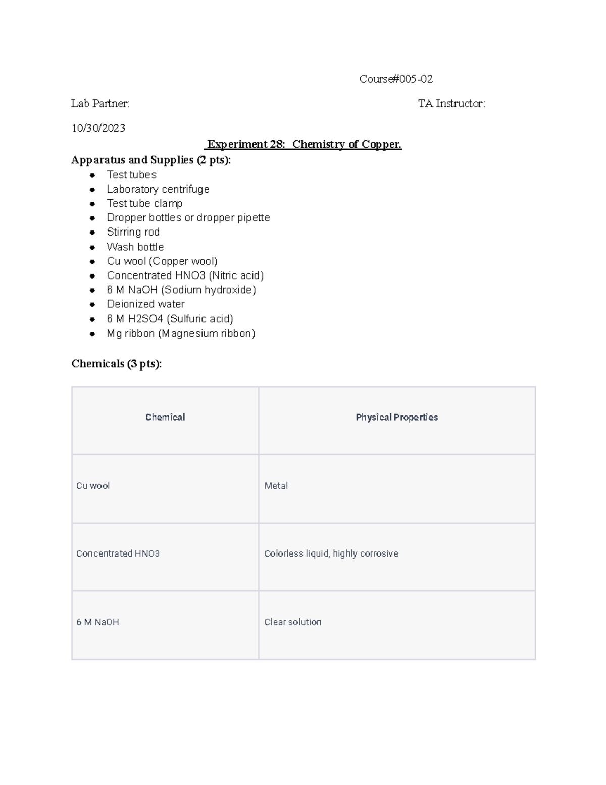 Chem Lab Report Experiment 26 28 - Course#005- Lab Partner: TA ...