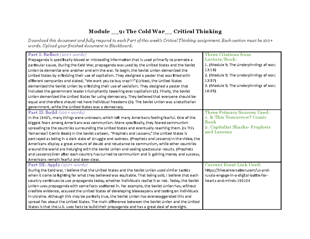 Critical thinking response - Module 9: The Cold War Critical Thinking ...