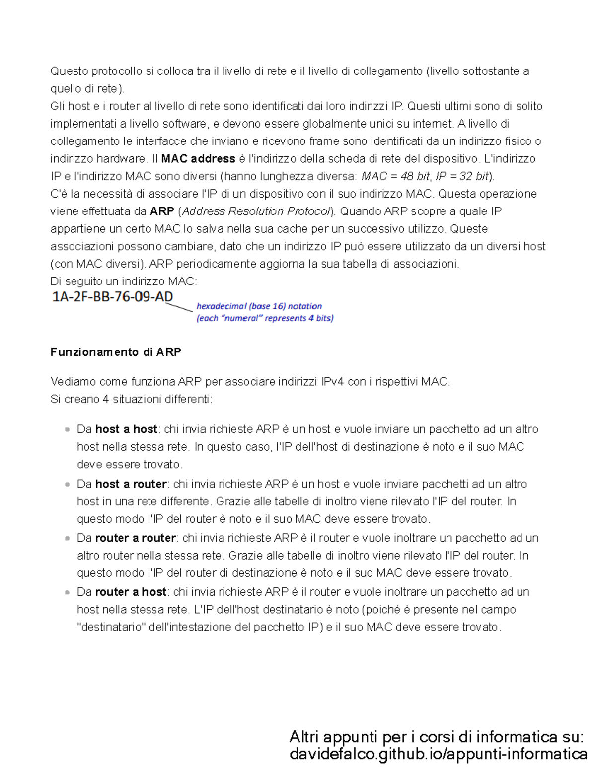 5. Protocollo ARP - Riassunto Reti di Calcolatori - Altri appunti per i corsi di informatica su ...