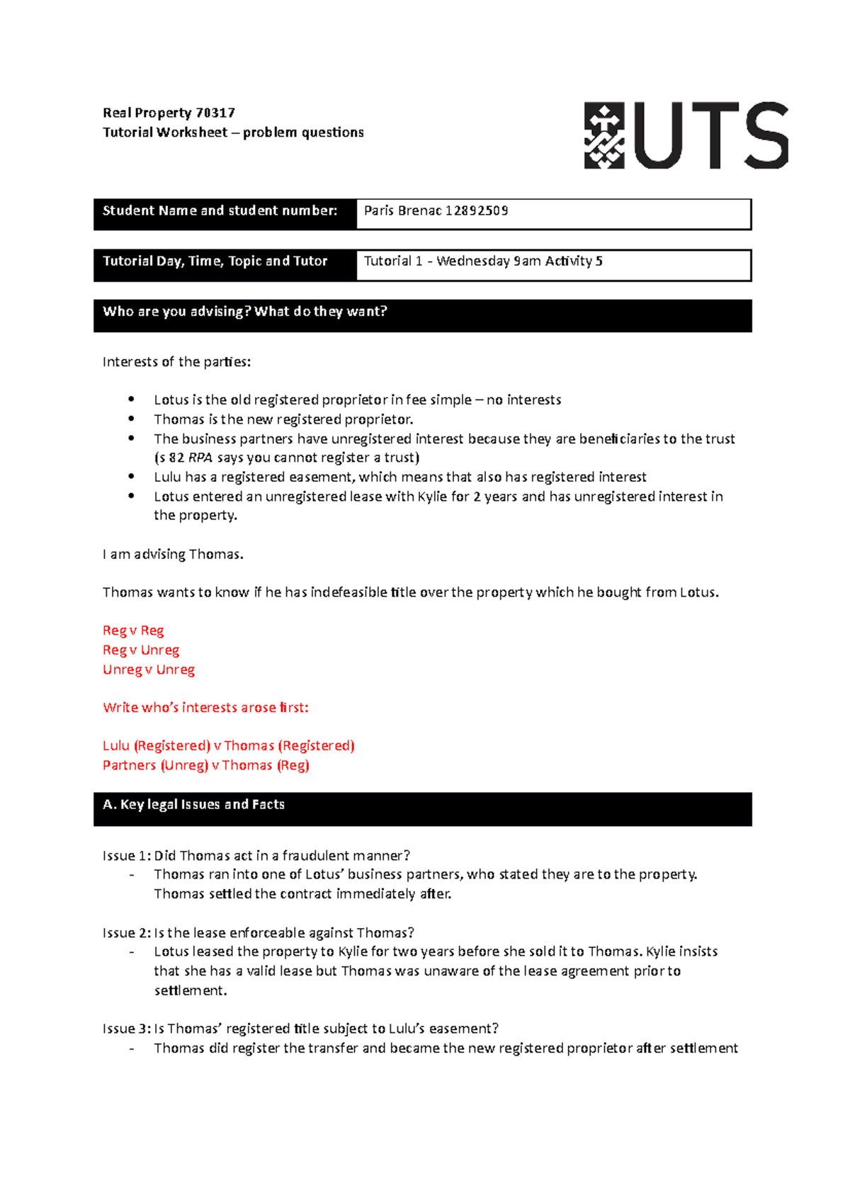 Tutorial Pre-Preparation Worksheet - Tut 1 - Real Property 70317 ...