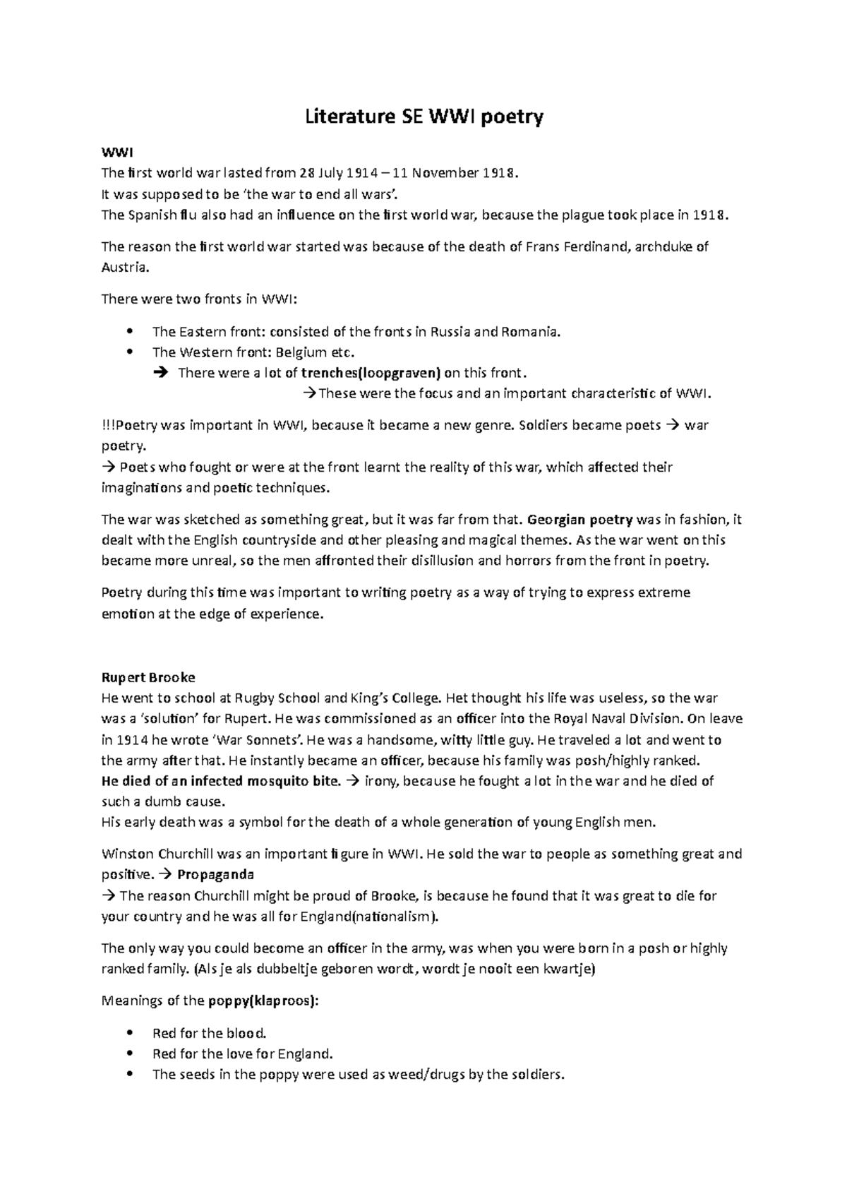 Literature SE WWI poetry - Literature SE WWI poetry WWI The first world ...