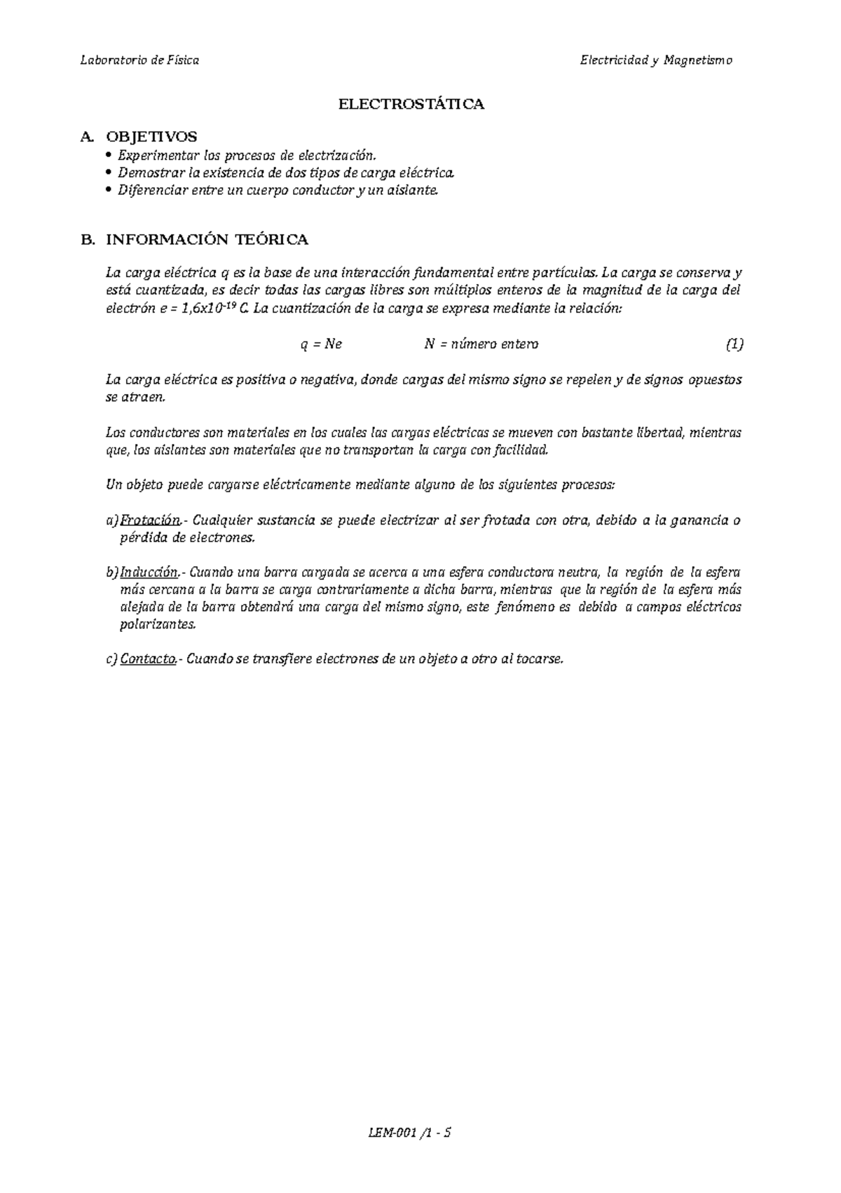 LE-001 electrostatica - Laboratorio de Física Electricidad y Magnetismo LEM-001 /1 - 5 - Studocu