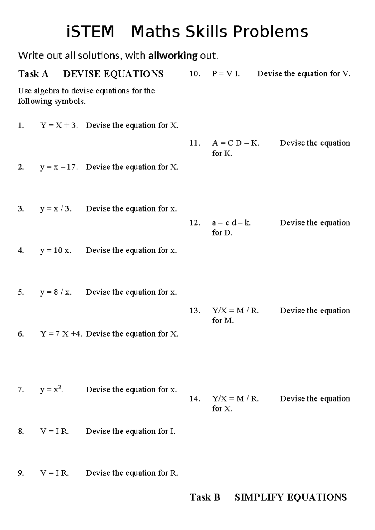 10 STEM Maths Skills Problems - iSTEM Maths Skills Problems Write out ...