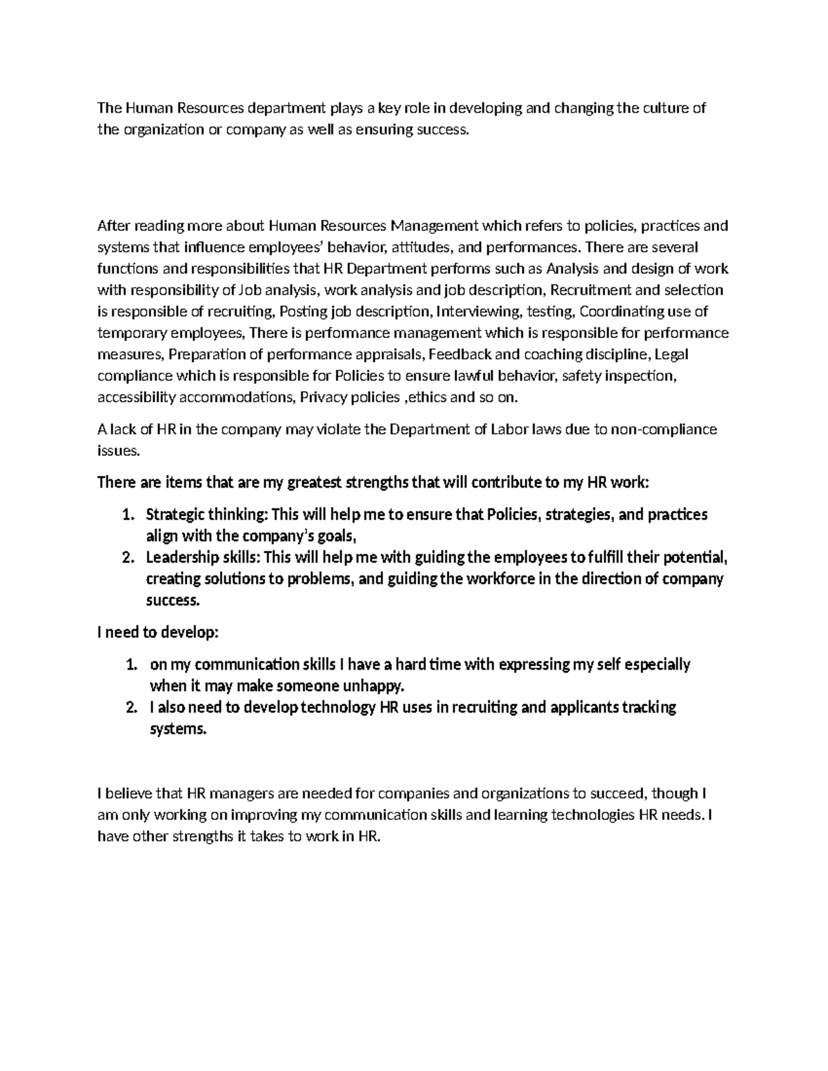 1-2 Self Assessment - The Human Resources department plays a key role ...