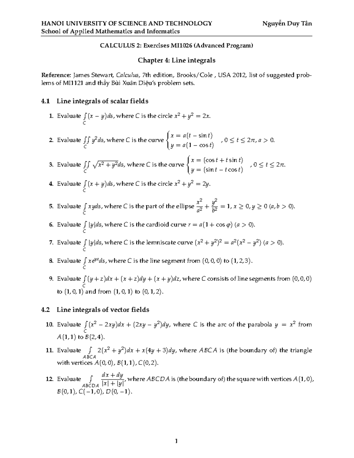 Calculus II Exercises 04 NDT - HANOI UNIVERSITY OF SCIENCE AND ...