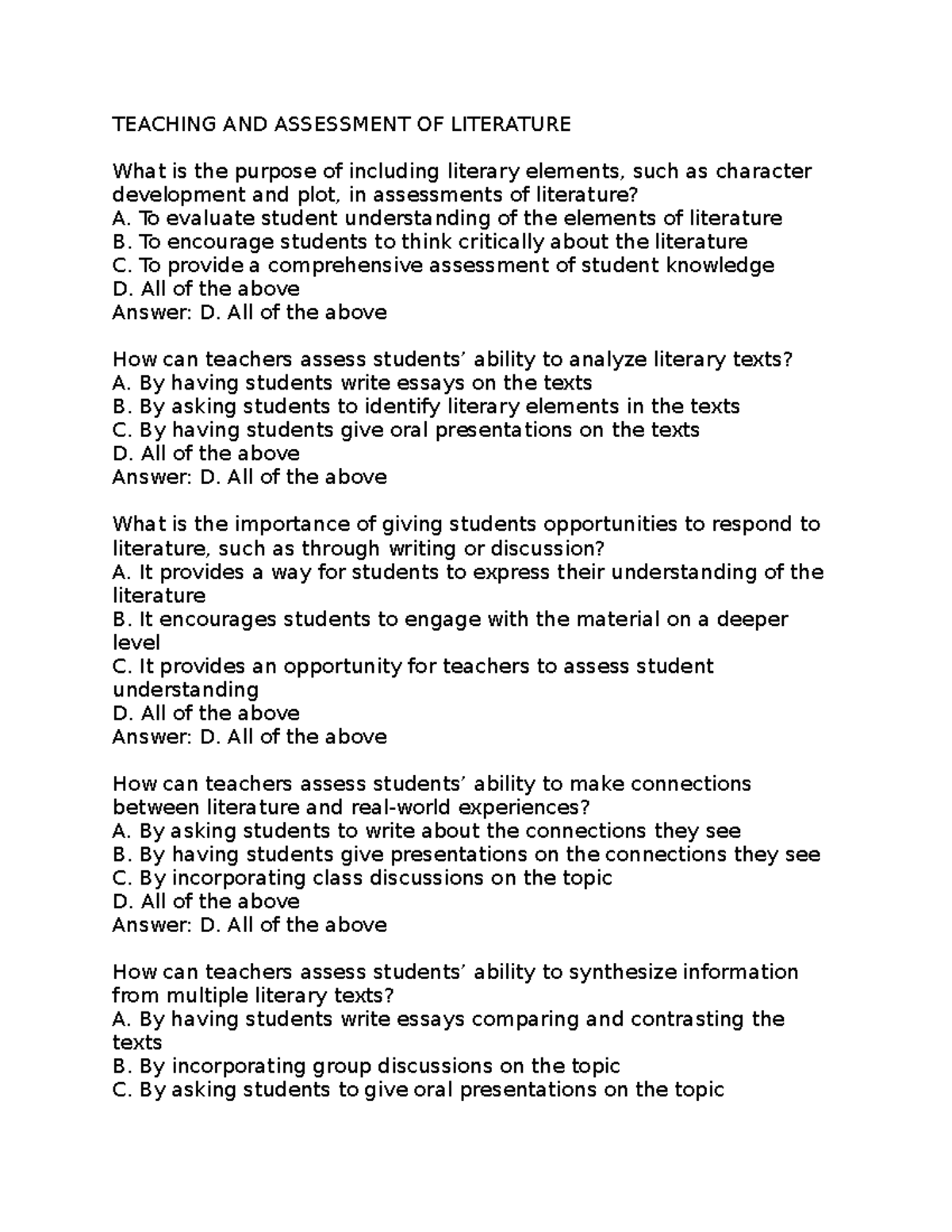 Teaching AND Assessment OF Literature 2 - TEACHING AND ASSESSMENT OF ...