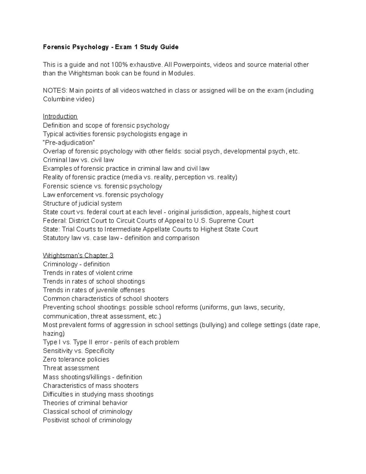 Forensic - Exam 1 Study Guide - Forensic Psychology - Exam 1 Study ...