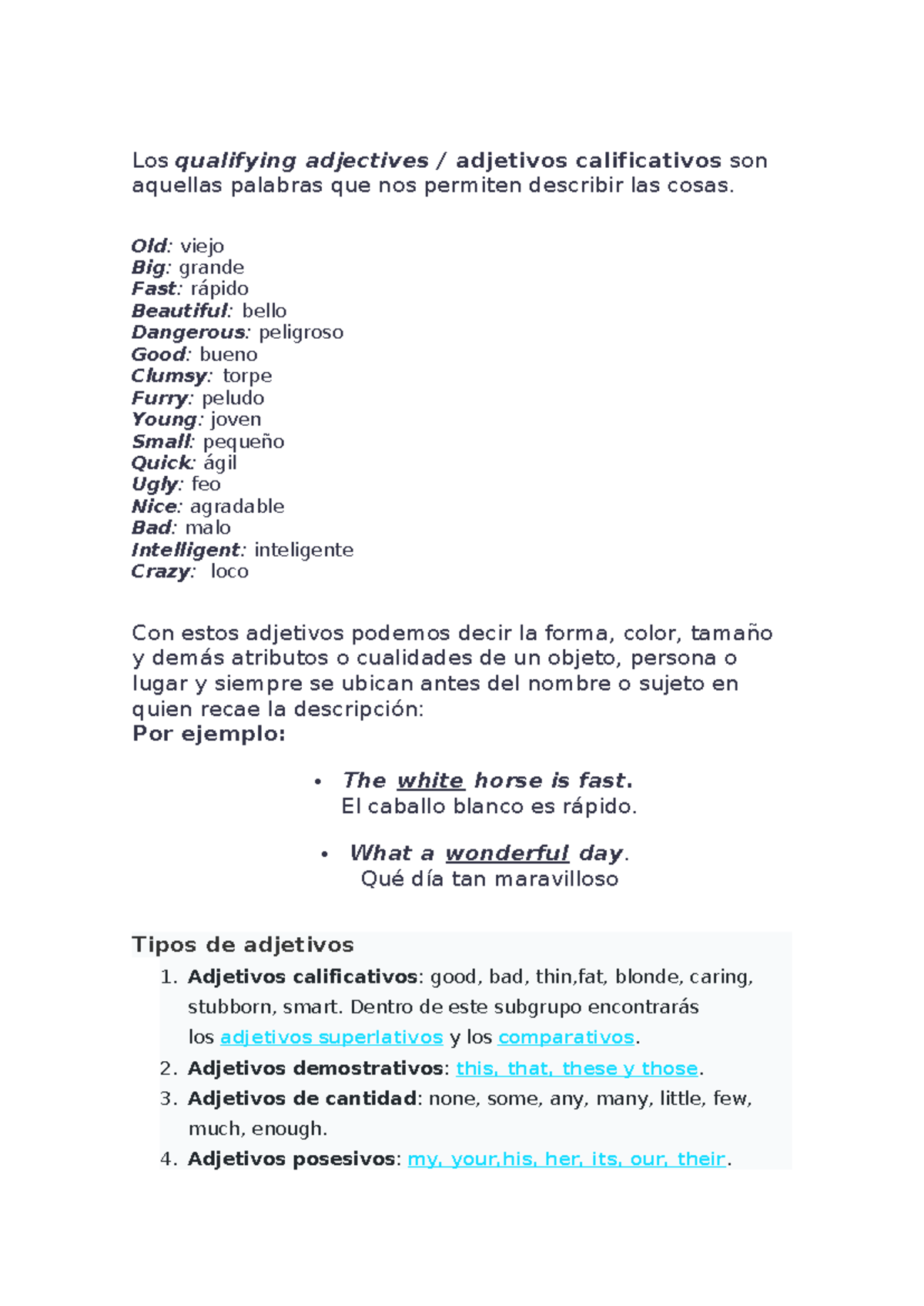 Los abjetivos - espero que te sea útil - Los qualifying adjectives ...