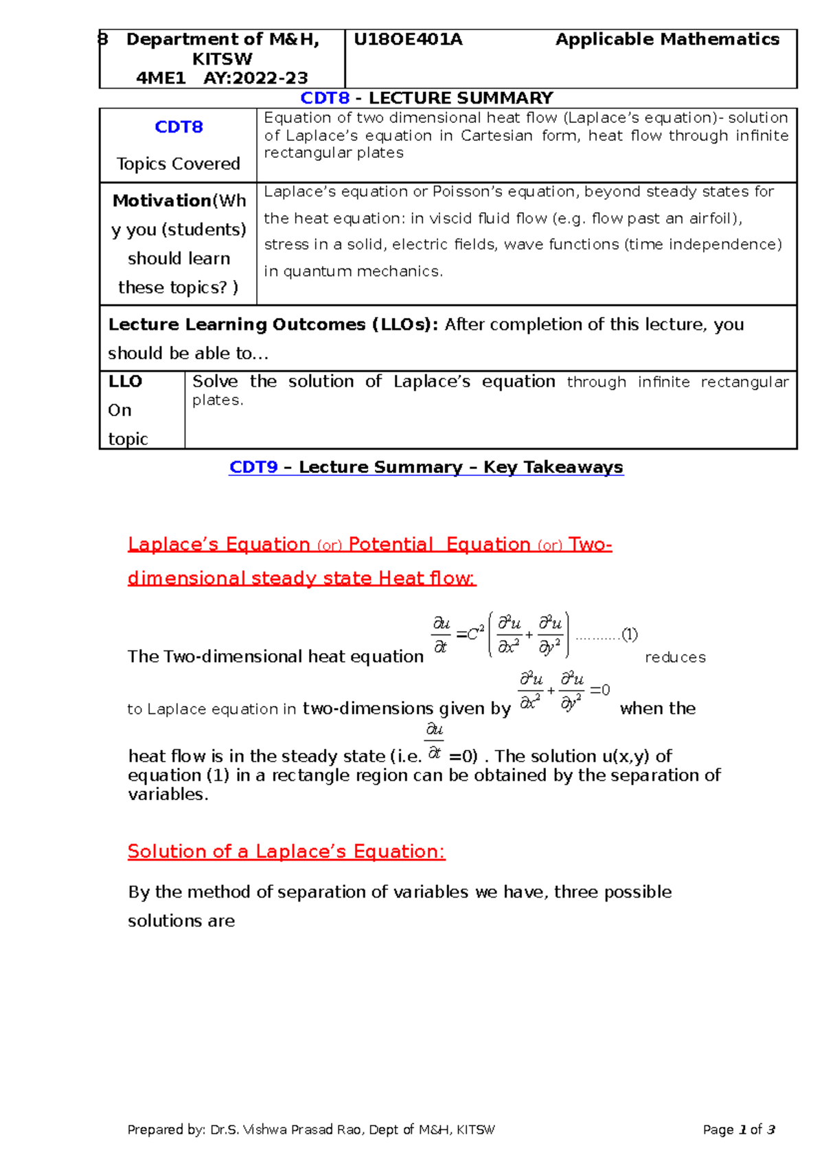CDT8 Unit 1 Laplace Eqation - 8 Department of M&H, KITSW 4ME1 AY:2022 ...