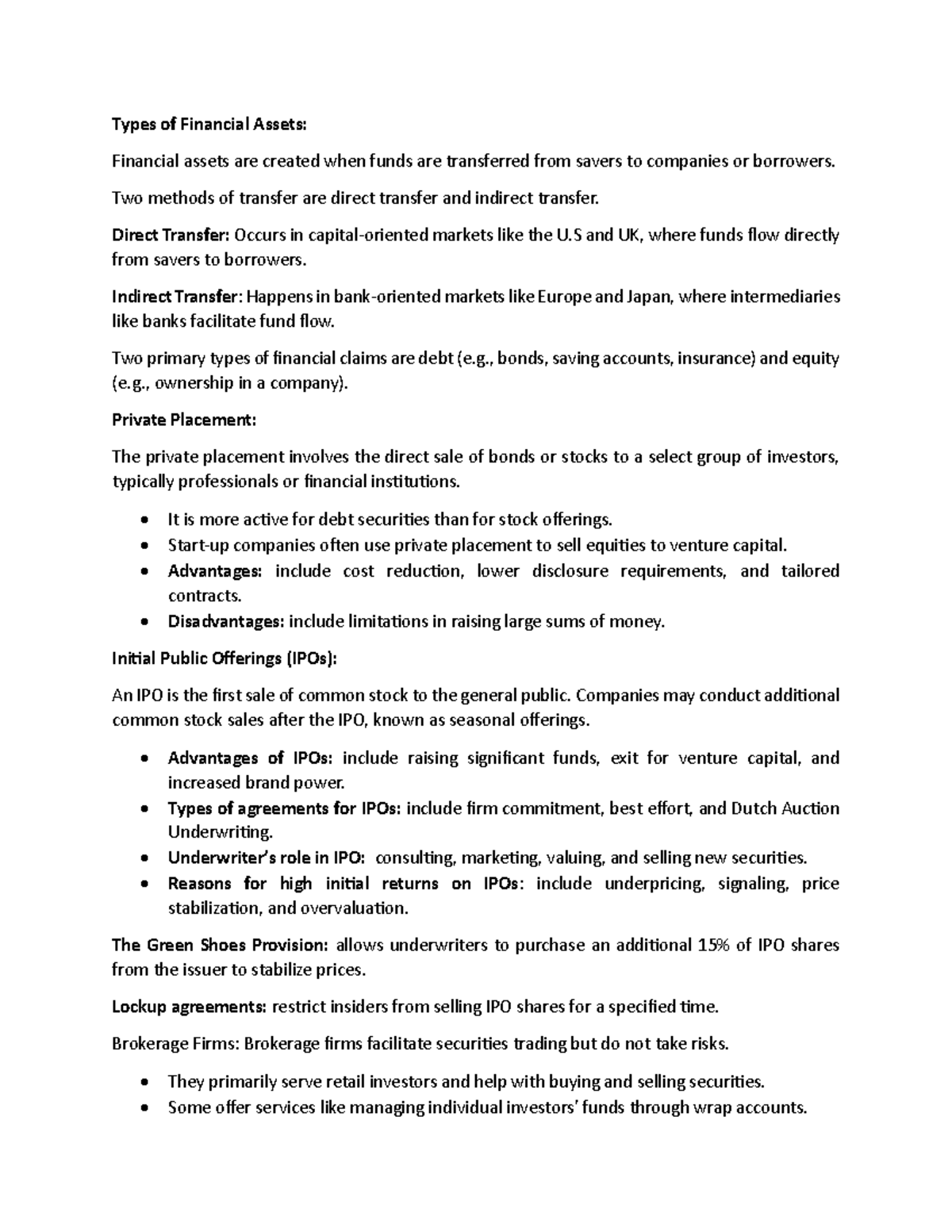 Chapter 1 4 Summary For Exam Types Of Financial Assets Financial