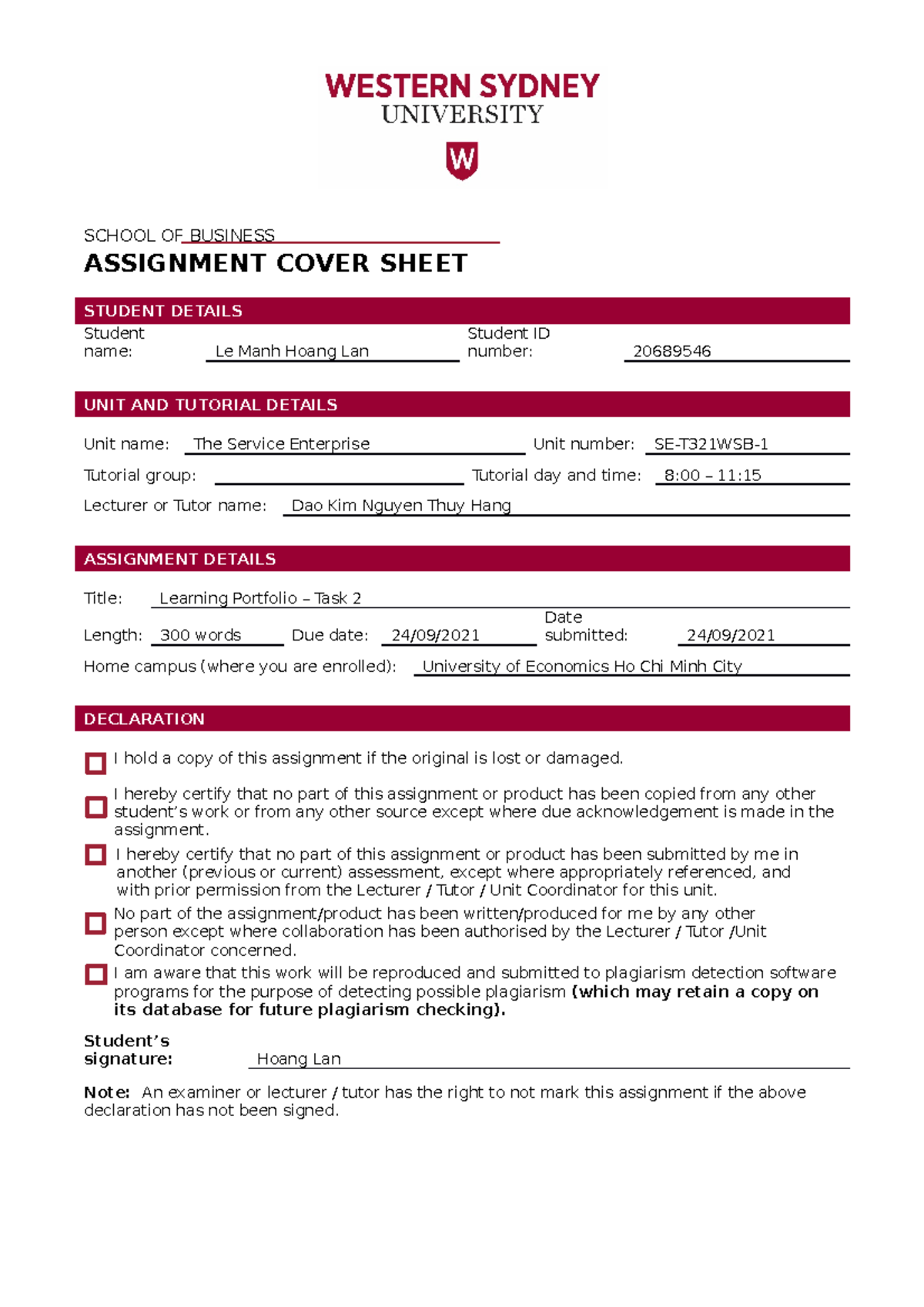 Individual-Assignment cover sheet - SCHOOL OF BUSINESS ASSIGNMENT COVER ...