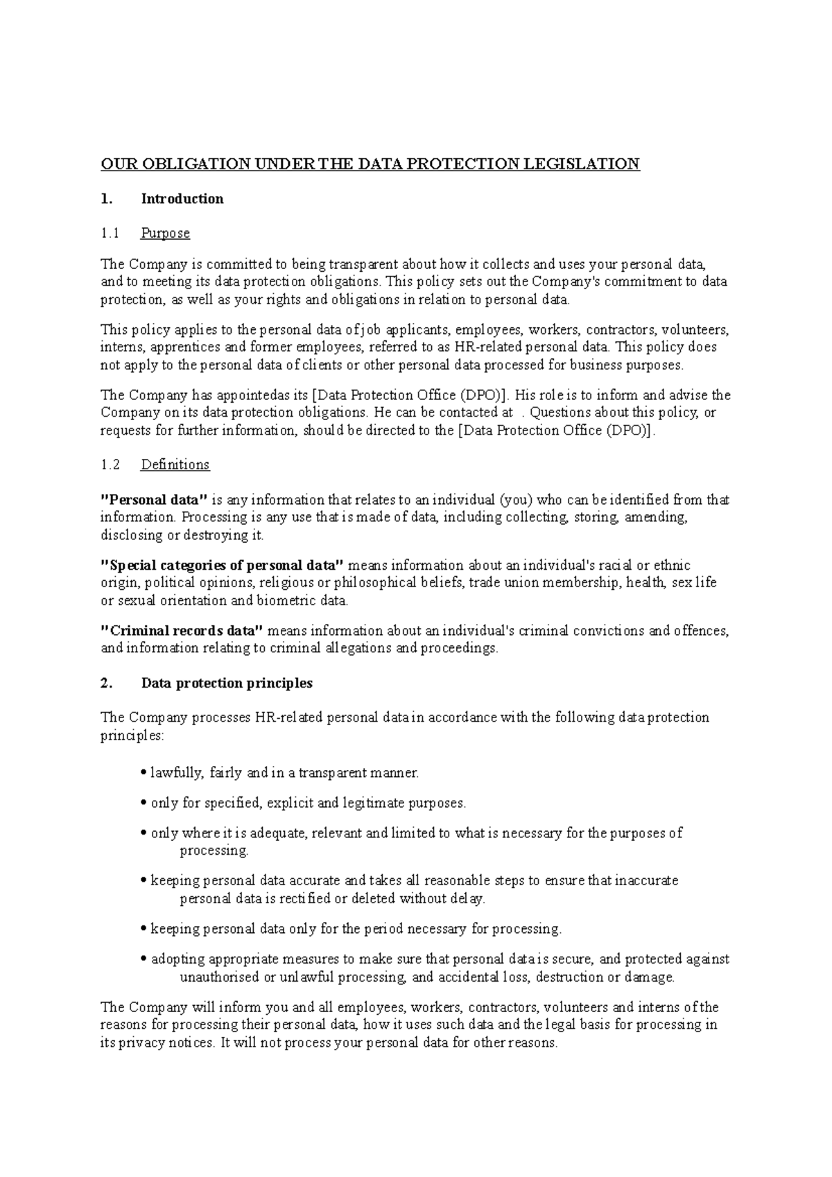 Data Protection Policy - OUR OBLIGATION UNDER THE DATA PROTECTION ...