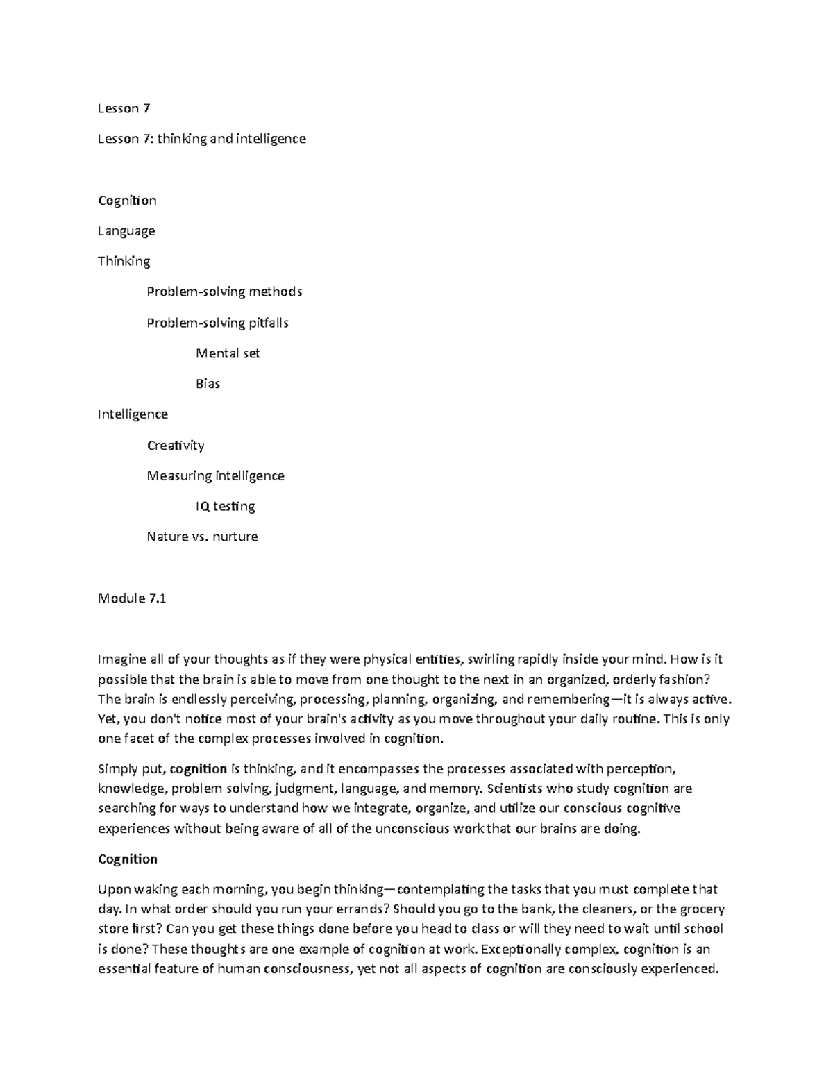 Psy lesson 7 - thinking and intelligence - Lesson 7 Lesson 7: thinking ...