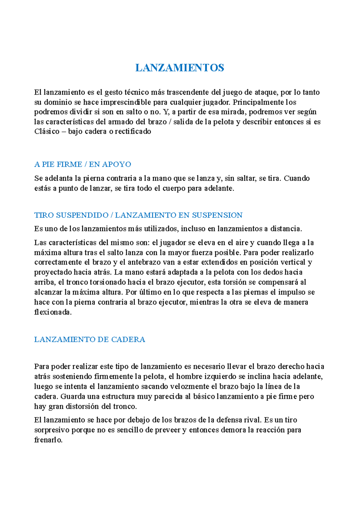 Lanzamientos handball - resumen - LANZAMIENTOS El lanzamiento es el ...