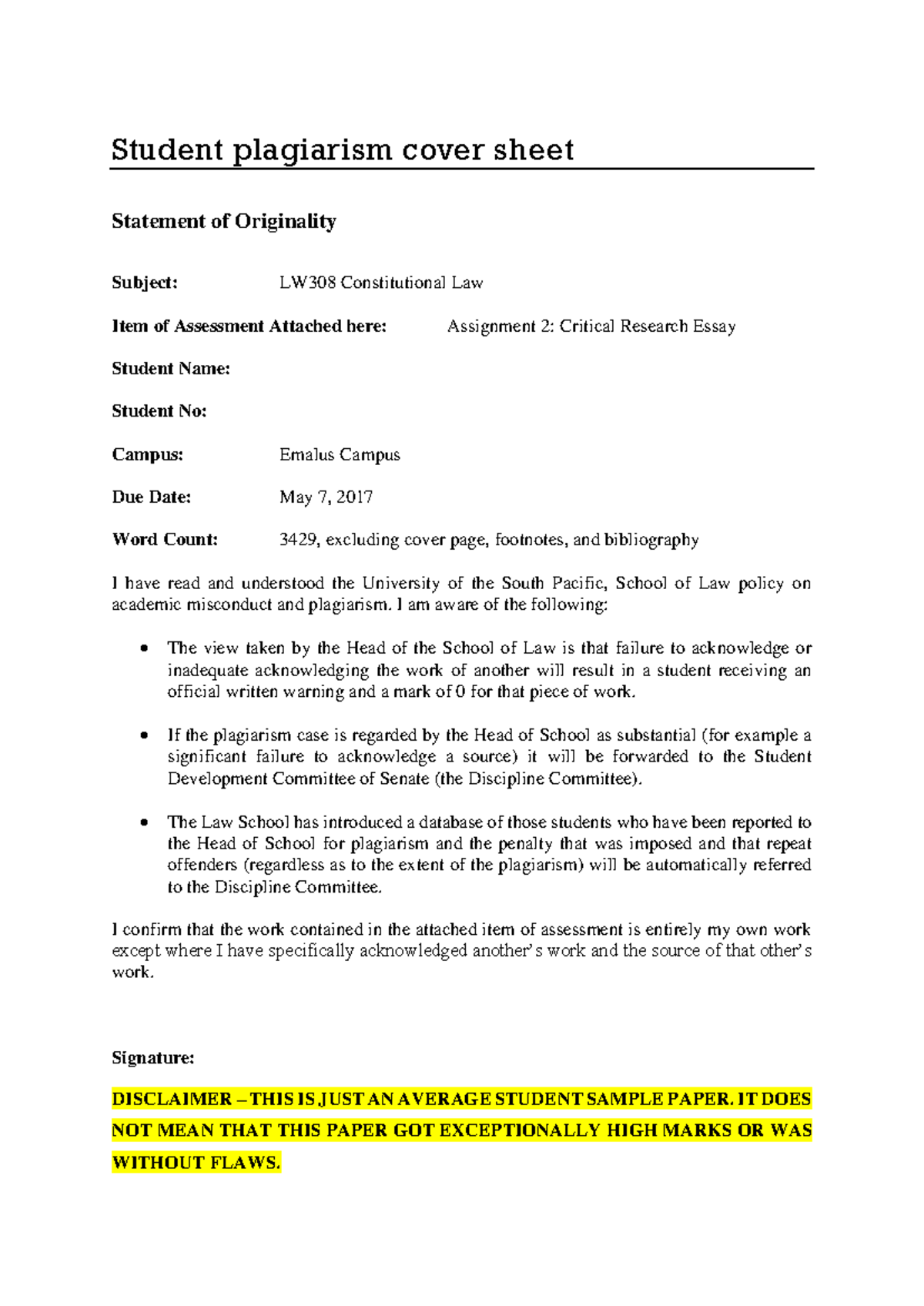 FSM Sample Research Paper 2 - Student plagiarism cover sheet Statement ...