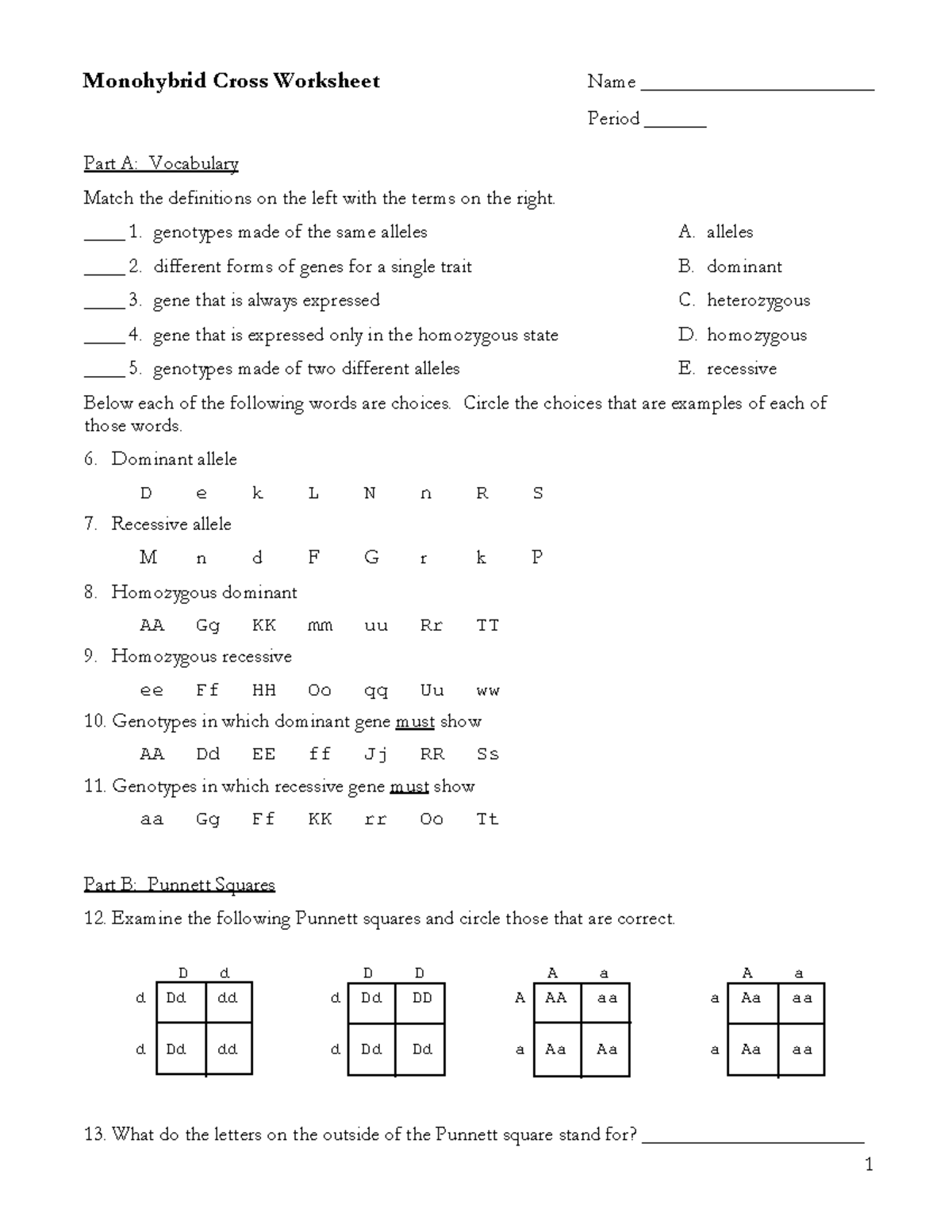 Monohybrid Cross Worksheet for Biology 101 - 1 Monohybrid Cross ...
