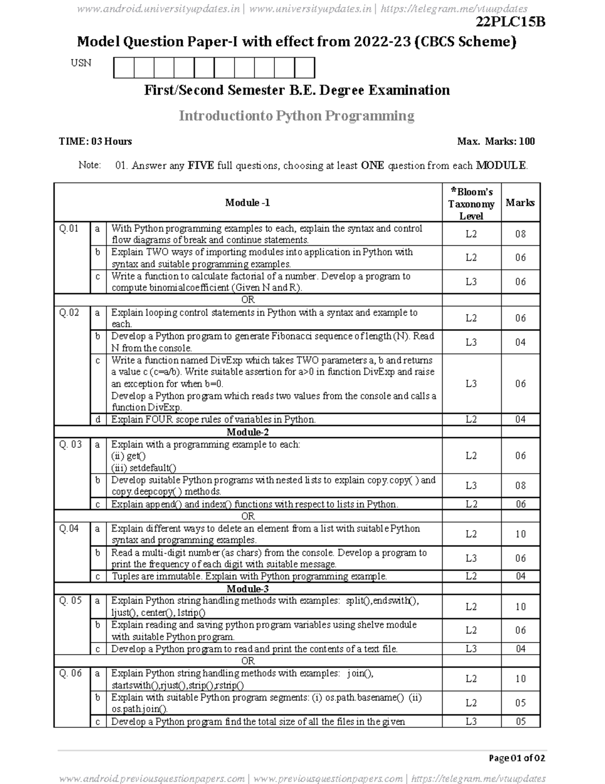 22PLC15Bset2 - Model question paper - 22PLC15B Page 01 of 02 Model ...