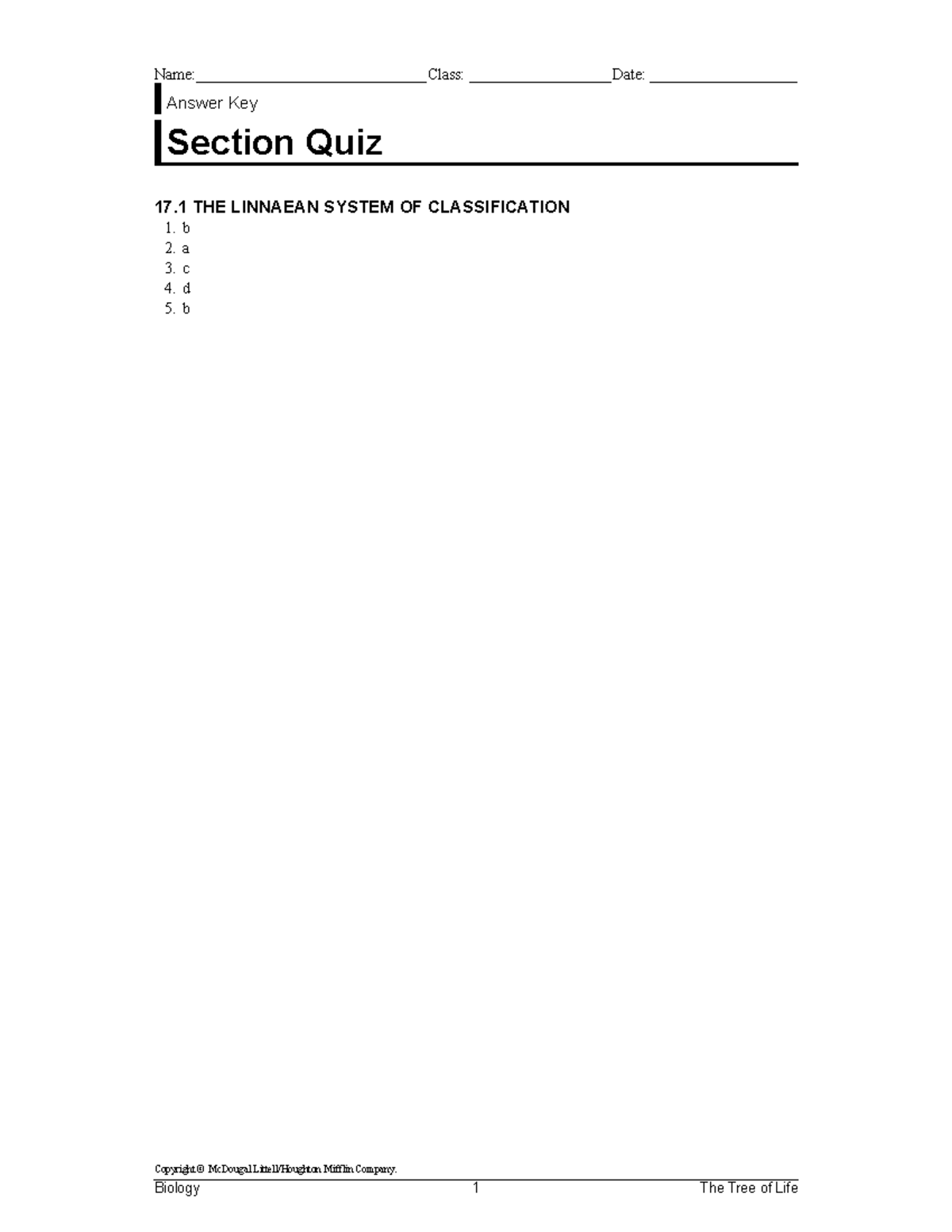 CH 17 Section Quiz Answer Key Section Quiz 17 THE LINNAEAN SYSTEM OF ch-17-section-quiz-answer-key-section-quiz-17-the-linnaean-system-of